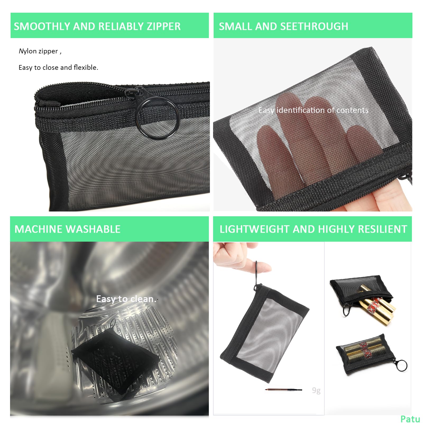 Patu Mini Zipper Mesh Bags, 3" x 4", Size XS / A8, 5 Pieces, Keychain Pouch Key Holder, Coin Purse, Clear Travel Kit Small Item Cosmetic Organizer, Black