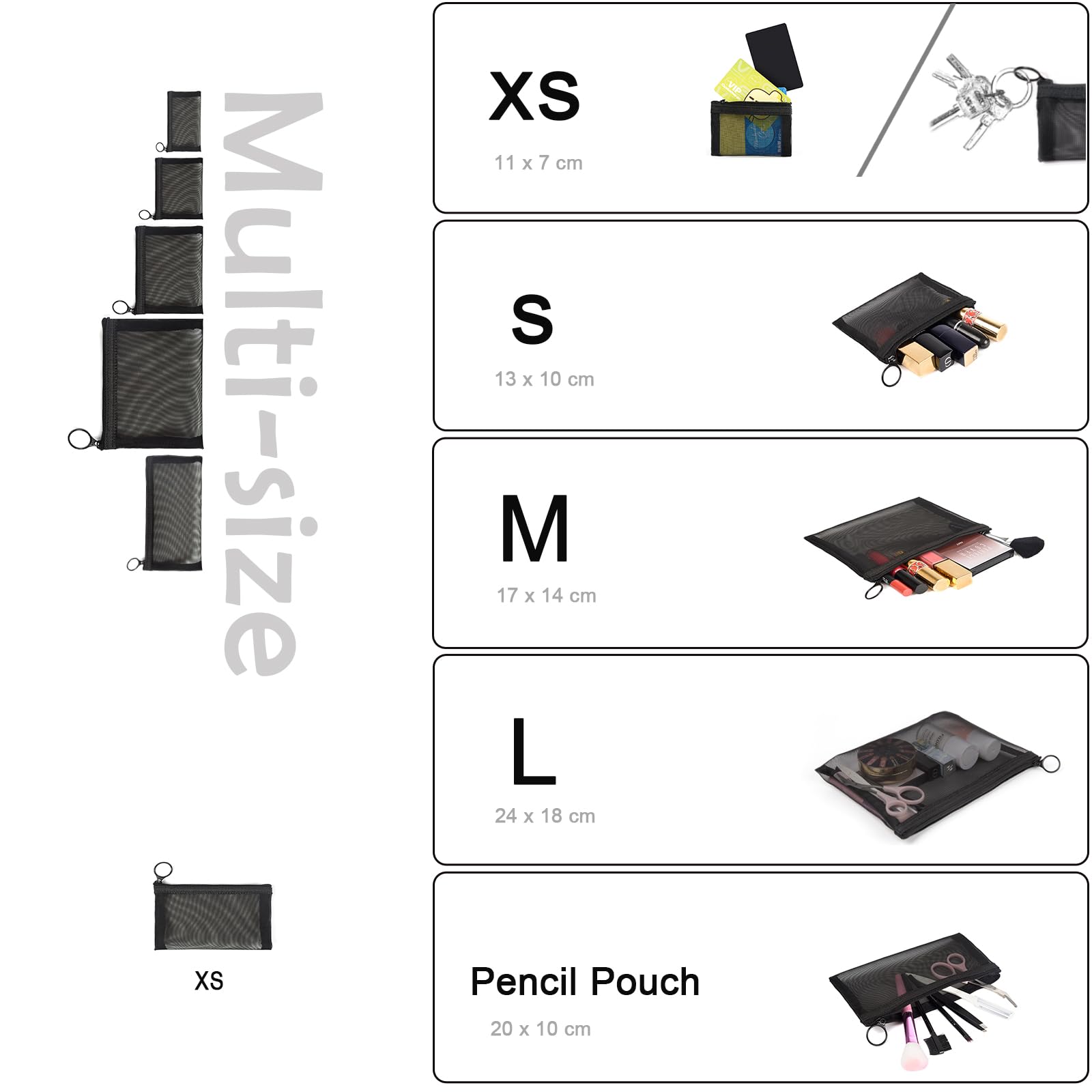 Patu Mini Zipper Mesh Bags, 3" x 4", Size XS / A8, 5 Pieces, Keychain Pouch Key Holder, Coin Purse, Clear Travel Kit Small Item Cosmetic Organizer, Black