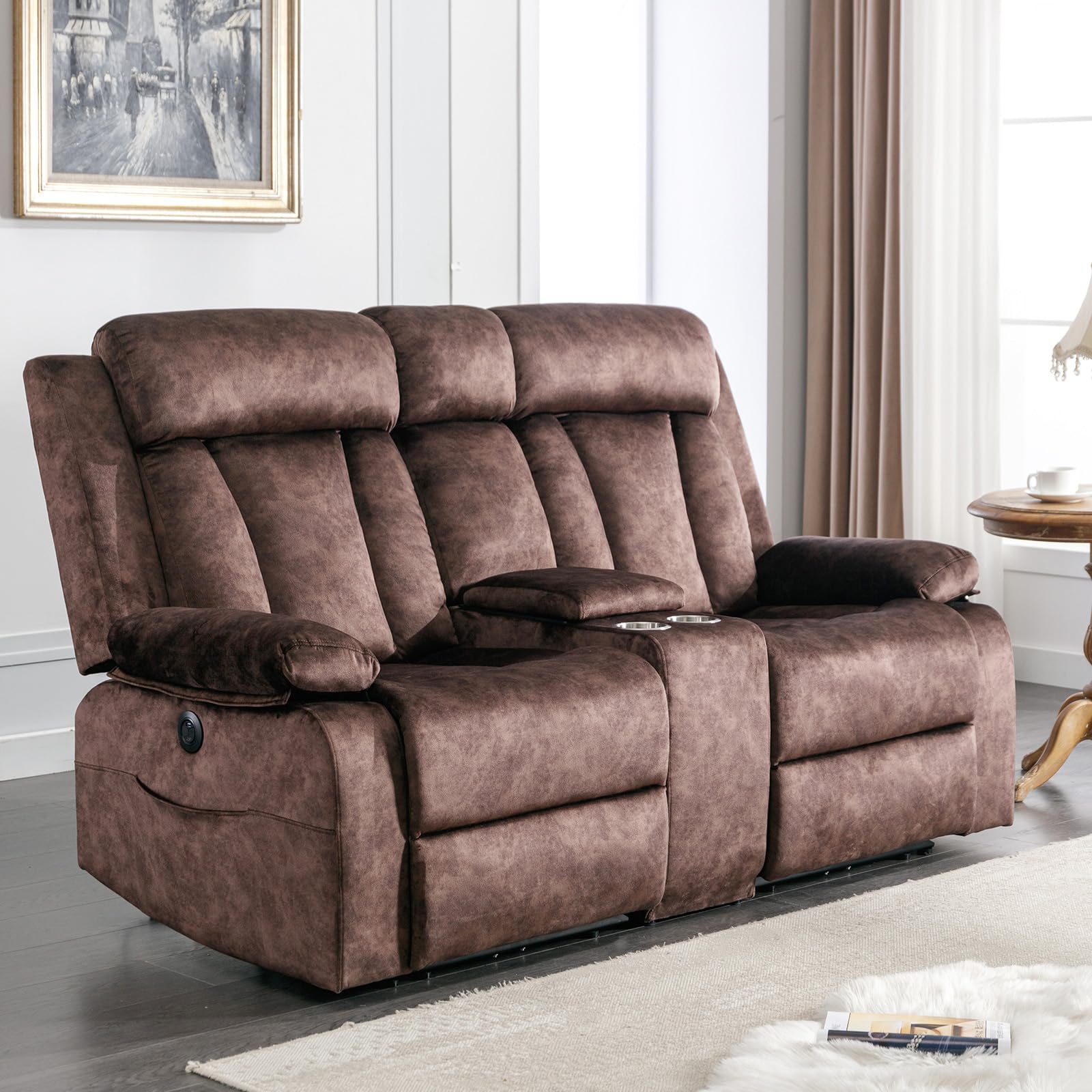 GUEAPY Fabric Reclining Loveseat, Power Reclining Loveseat with Console, Double Recliner Loveseat with Heat and Massage, Cup Holders, USB & Type-C Charge Ports for Living Room (Brown)
