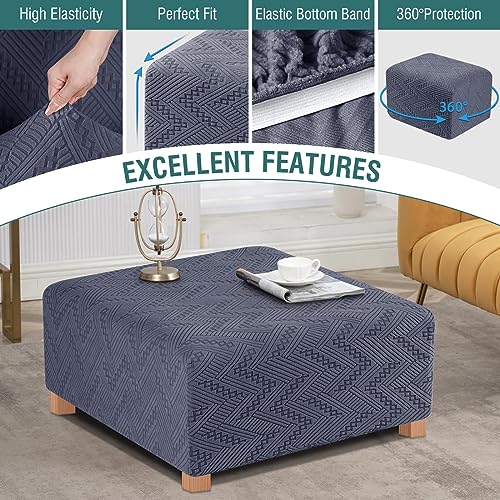 Ruaozz Ottoman Covers Slipcover Rectangle Footrest Stool Cover Ottoman Slipcovers Storage Stool Ottoman Cover Soft Stretch Jacquard Washable with Elastic Straps Bottom（Large, Grey