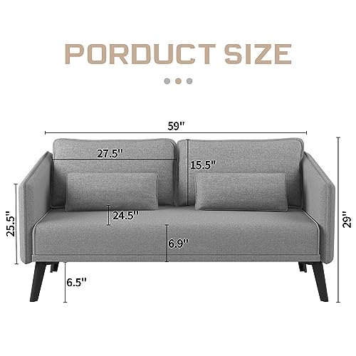 Lonkwa Loveseat Couch Sofa 59", Upholstered Couches for Living Room, Modern Fabric Love Seat, Mid Century 2 Seate Small Sofa with 2 Pillows - Small Space Office Bedroom Apartment, Light Grey