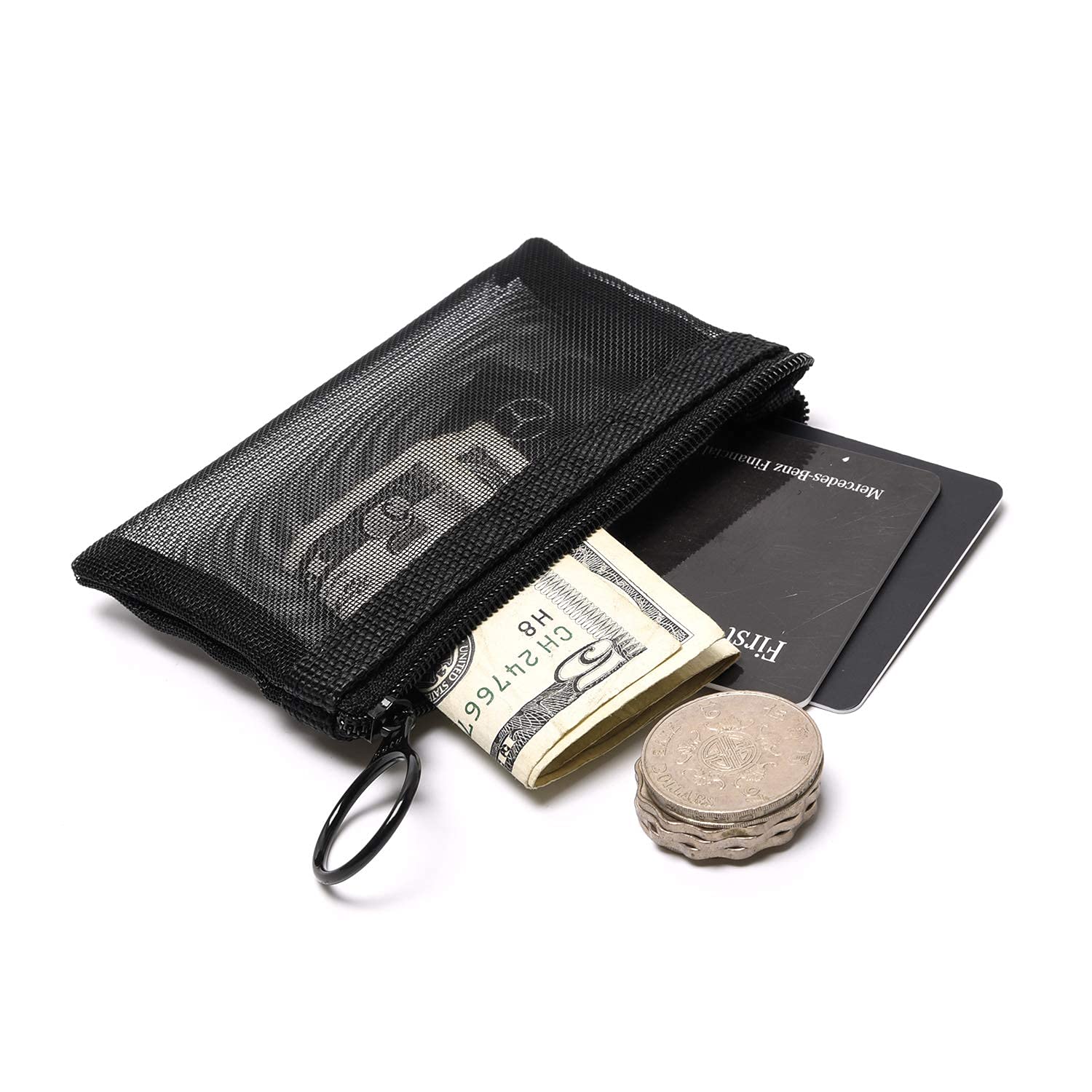 Patu Mini Zipper Mesh Bags, 3" x 4", Size XS / A8, 5 Pieces, Keychain Pouch Key Holder, Coin Purse, Clear Travel Kit Small Item Cosmetic Organizer, Black
