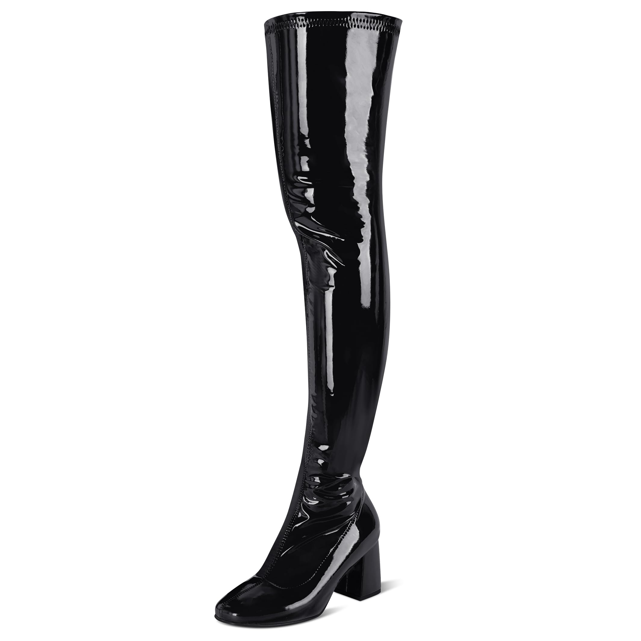 syztsho Thigh High Boots for Women Patent Leather PU Chunky Heel Over The Knee Boots Sexy Square Toe Side Zipper GOGO Boots Size US9.5 CN41