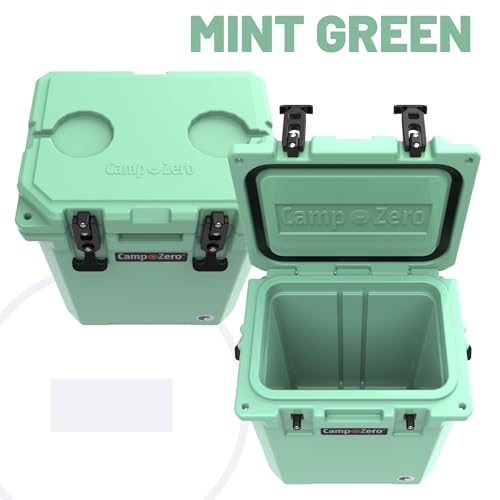 CAMP-ZERO 16L Tall Cooler/Ice Chest with 2 Molded-in Cup Holders & Folding Aluminum Handle | Thick Walled, Freezer Grade Cooler with Secure Locking System & Removable Divider (Mint Green)