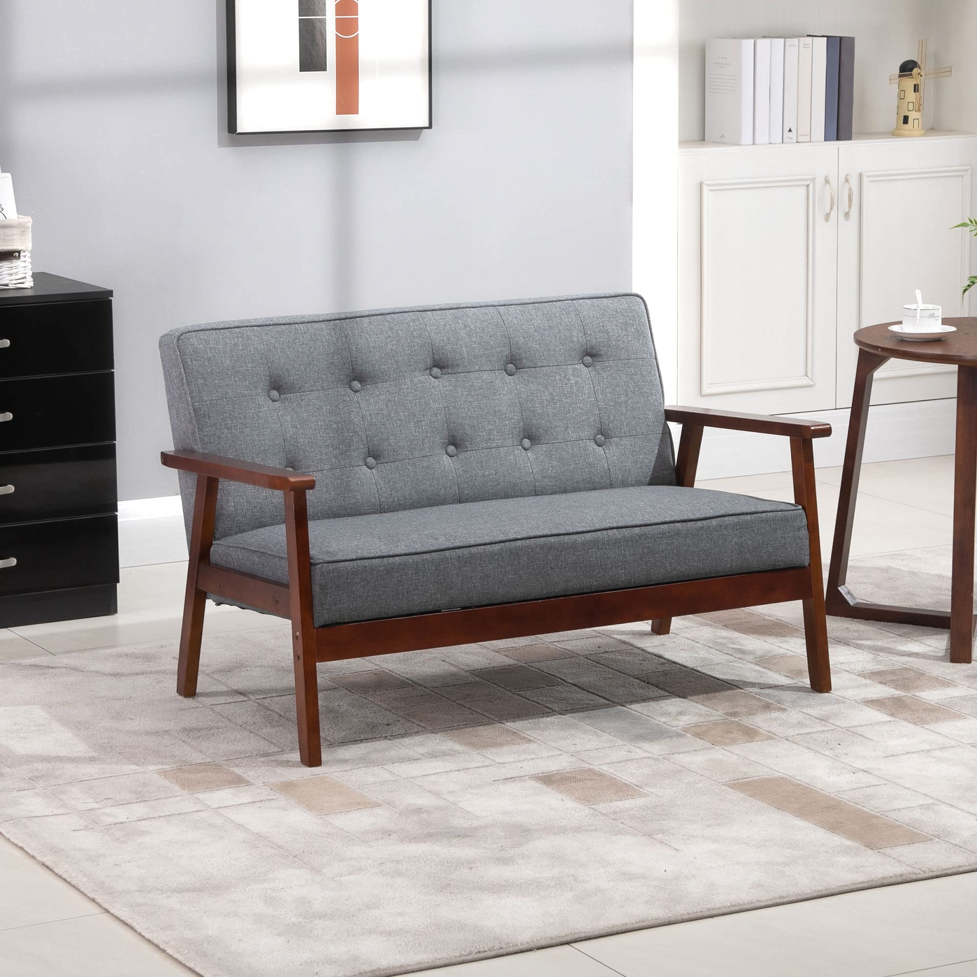 HOMCOM Modern Upholstered 2-Seat Loveseat Sofa with Linen-Touch Fabric and Rubberwood Legs, Grey