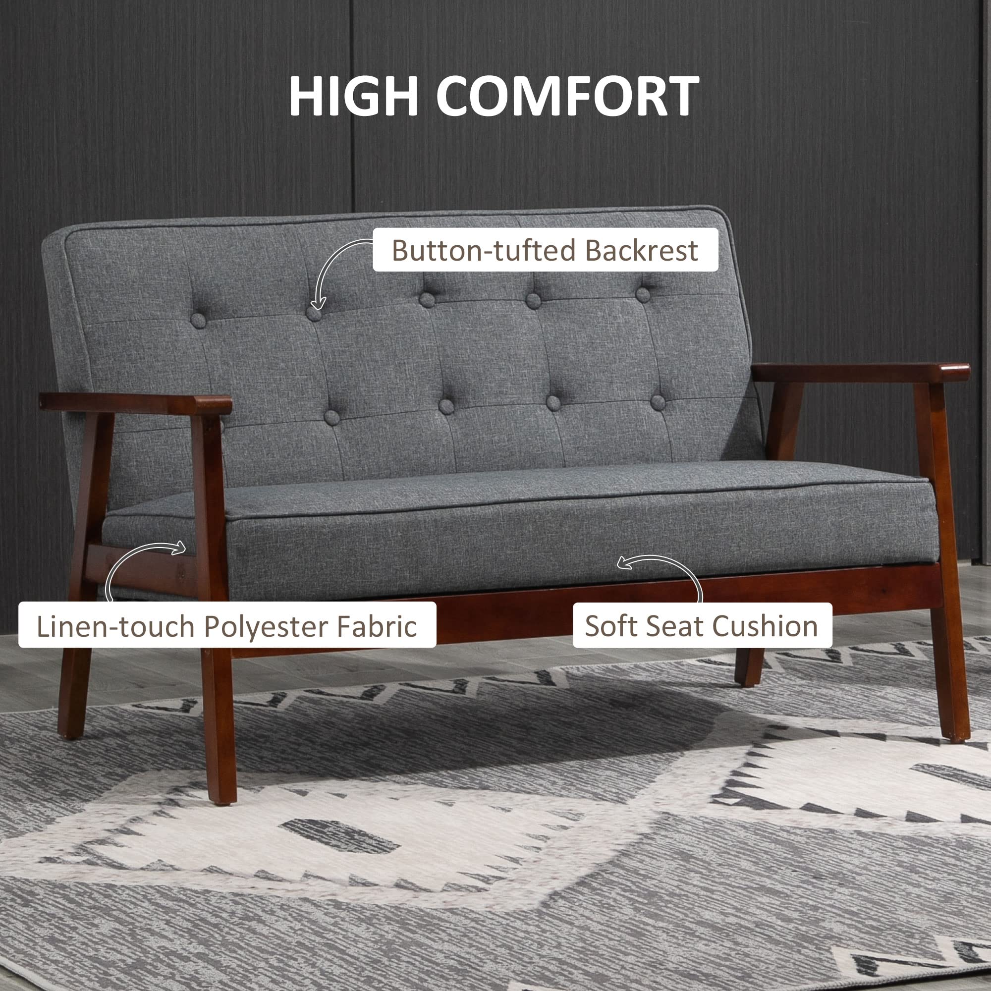 HOMCOM Modern Upholstered 2-Seat Loveseat Sofa with Linen-Touch Fabric and Rubberwood Legs, Grey