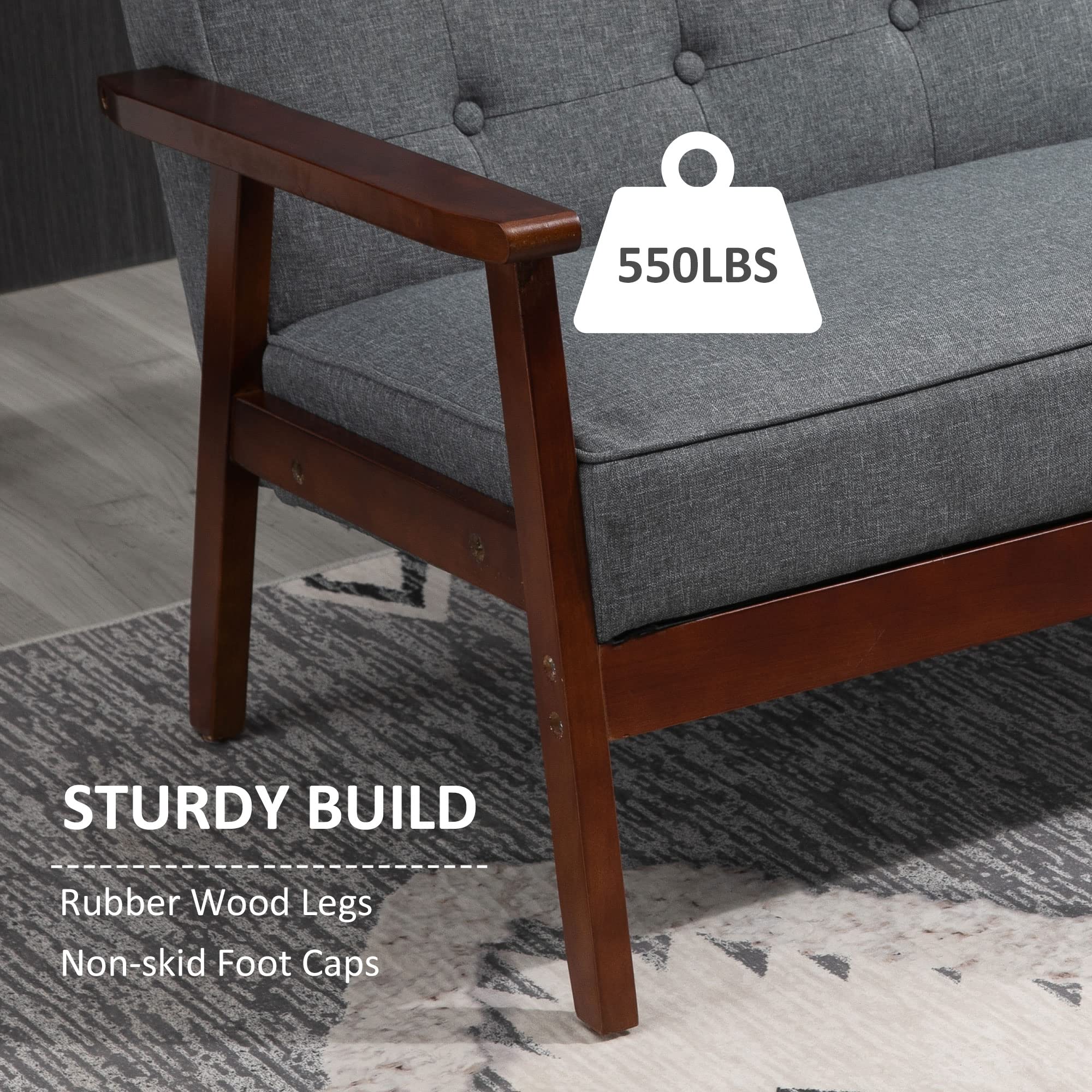 HOMCOM Modern Upholstered 2-Seat Loveseat Sofa with Linen-Touch Fabric and Rubberwood Legs, Grey