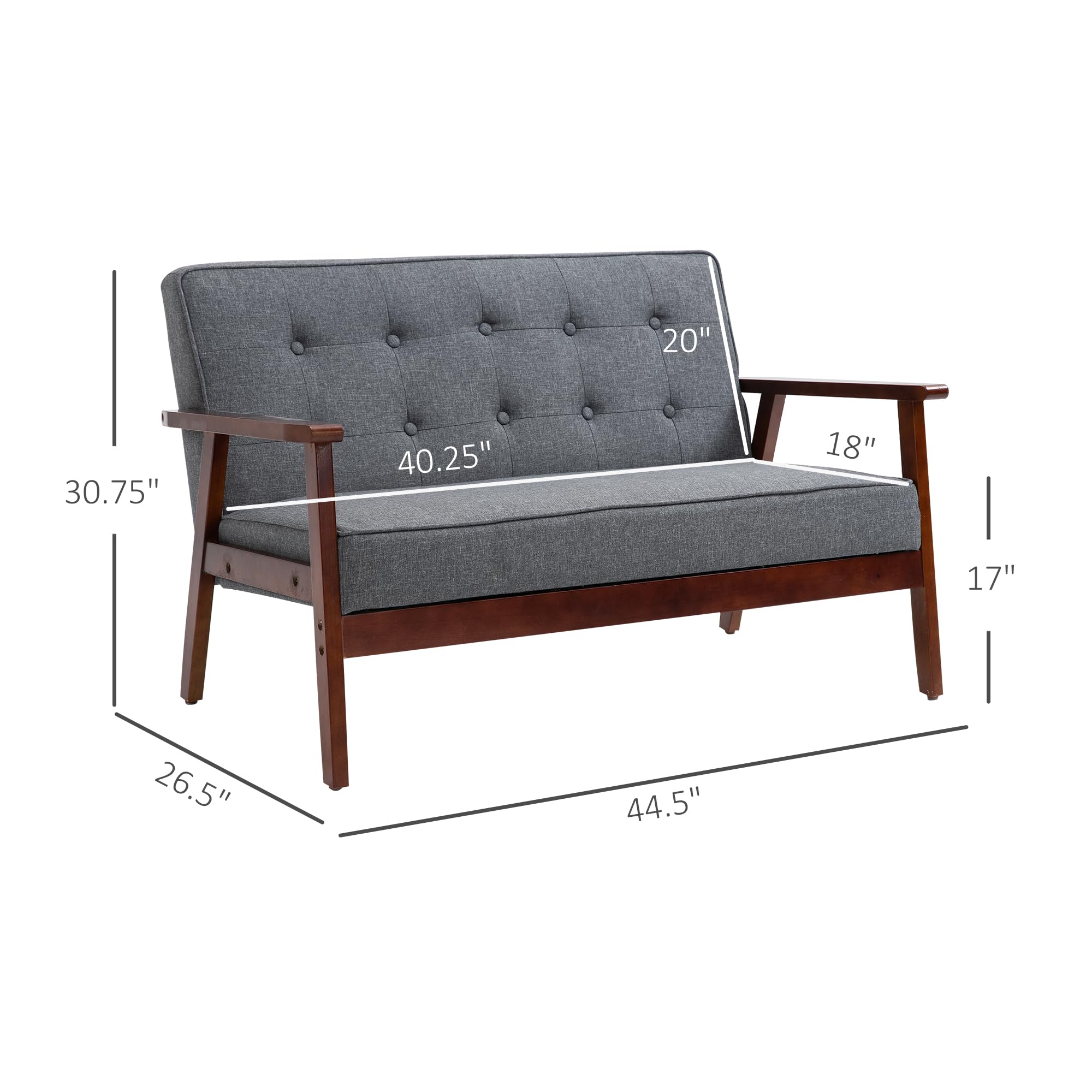 HOMCOM Modern Upholstered 2-Seat Loveseat Sofa with Linen-Touch Fabric and Rubberwood Legs, Grey