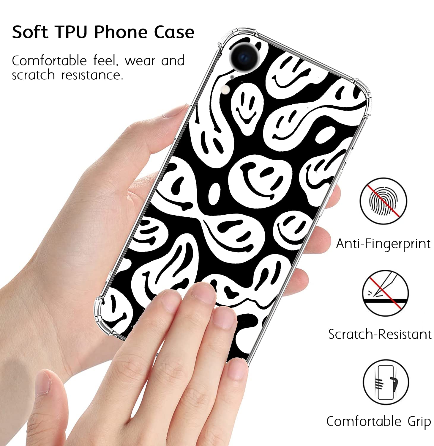 Fisgerod Black and White Smiley Face iPhone Case for iPhone XR, Trippy Aesthetic Melting Case for Girls Boys Women Men, Unique Trendy TPU Bumper Cover Case for iPhone XR, Black White