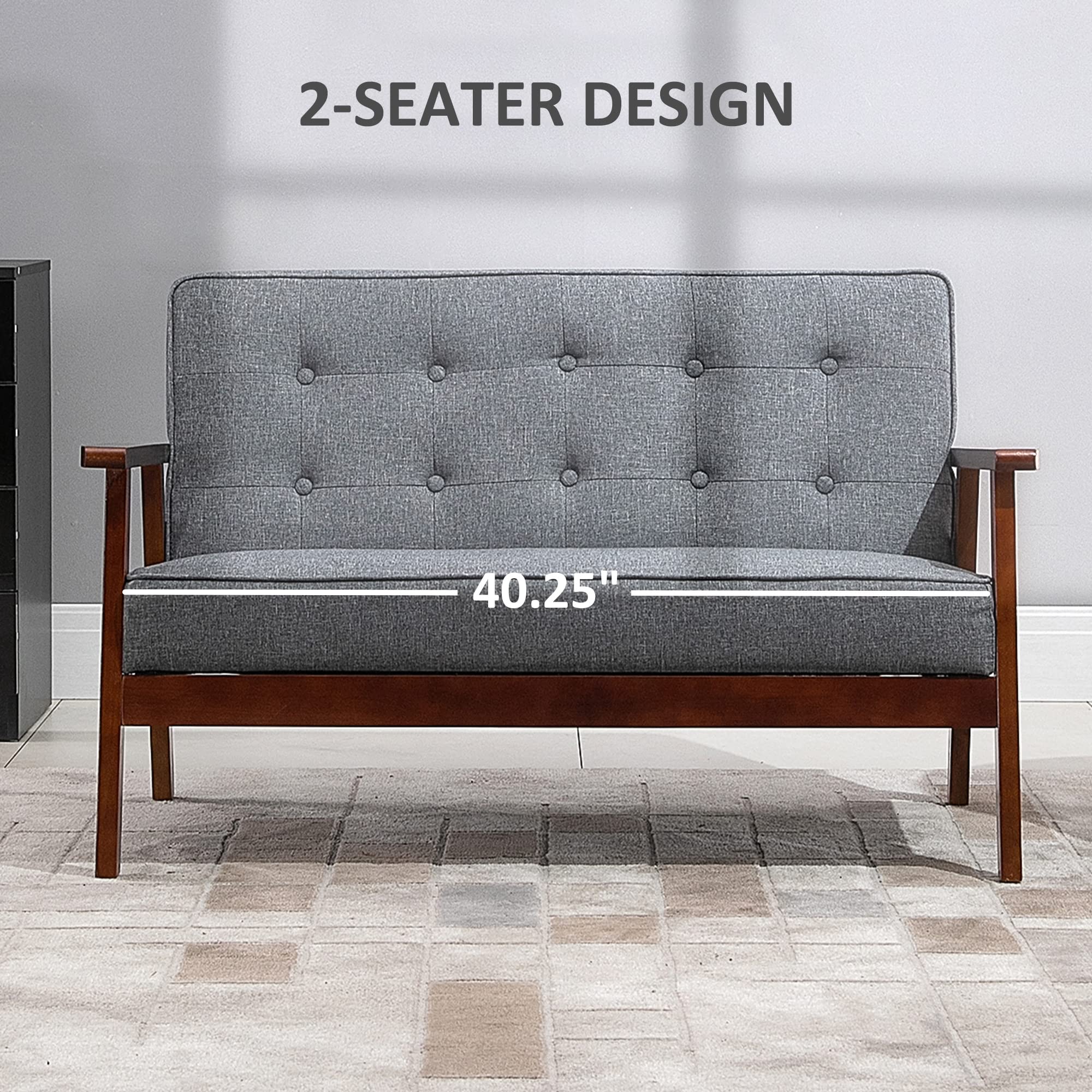 HOMCOM Modern Upholstered 2-Seat Loveseat Sofa with Linen-Touch Fabric and Rubberwood Legs, Grey