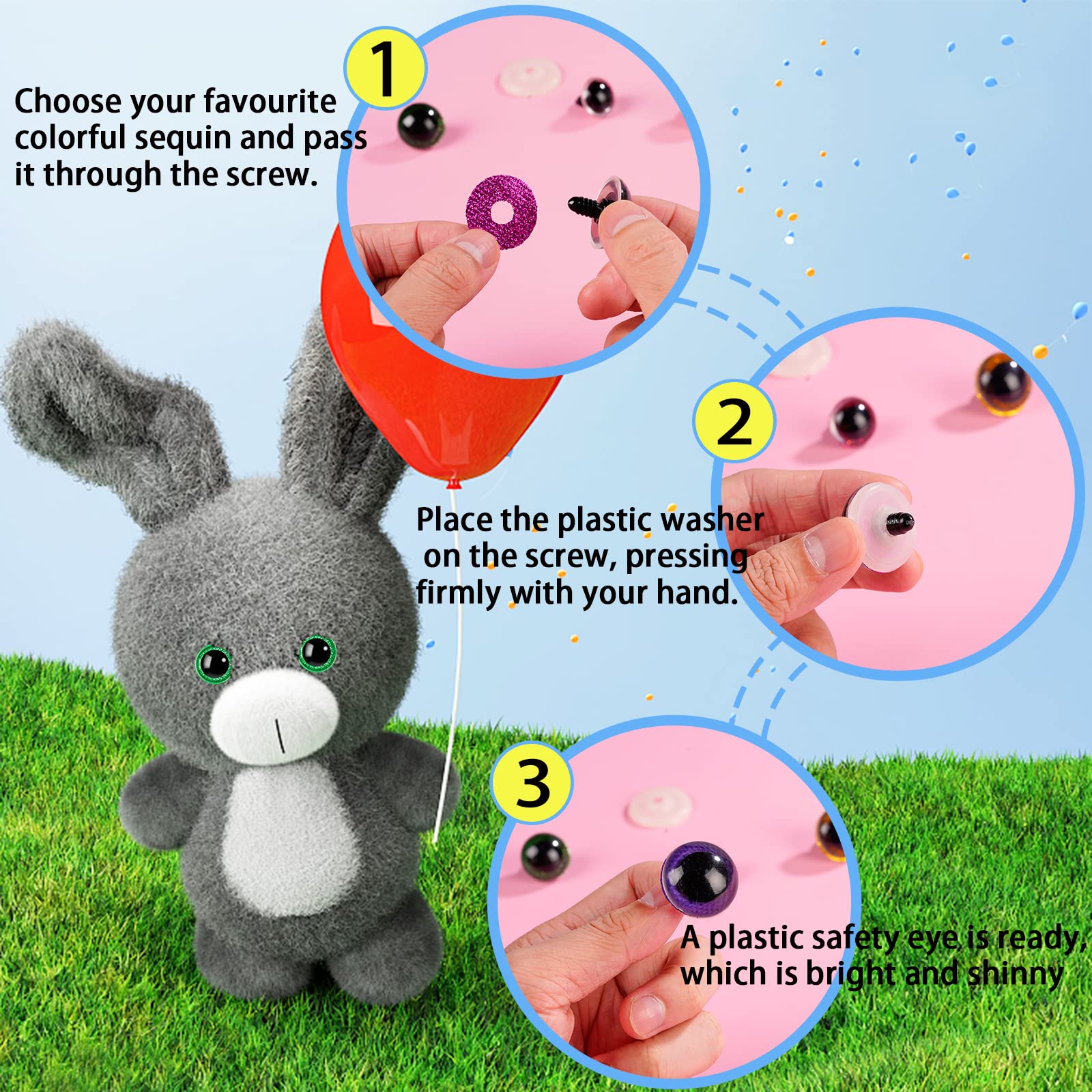 Ferenala 100Pcs 10-30mm Safety Eyes and Noses Large Plastic Craft Crochet Eyes Glitter Doll Eyes with Washers for Plush Animals Stuffed Animals DIY Puppet Bear Toy Doll Making Supplies (Multicolor)