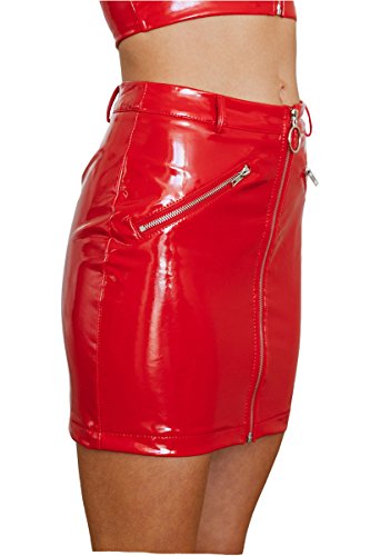 Yimeili Women's Red Leather Skirts High Waisted Shiny Mini Pencil Latex Skirt (L-Red Mini Skirt)