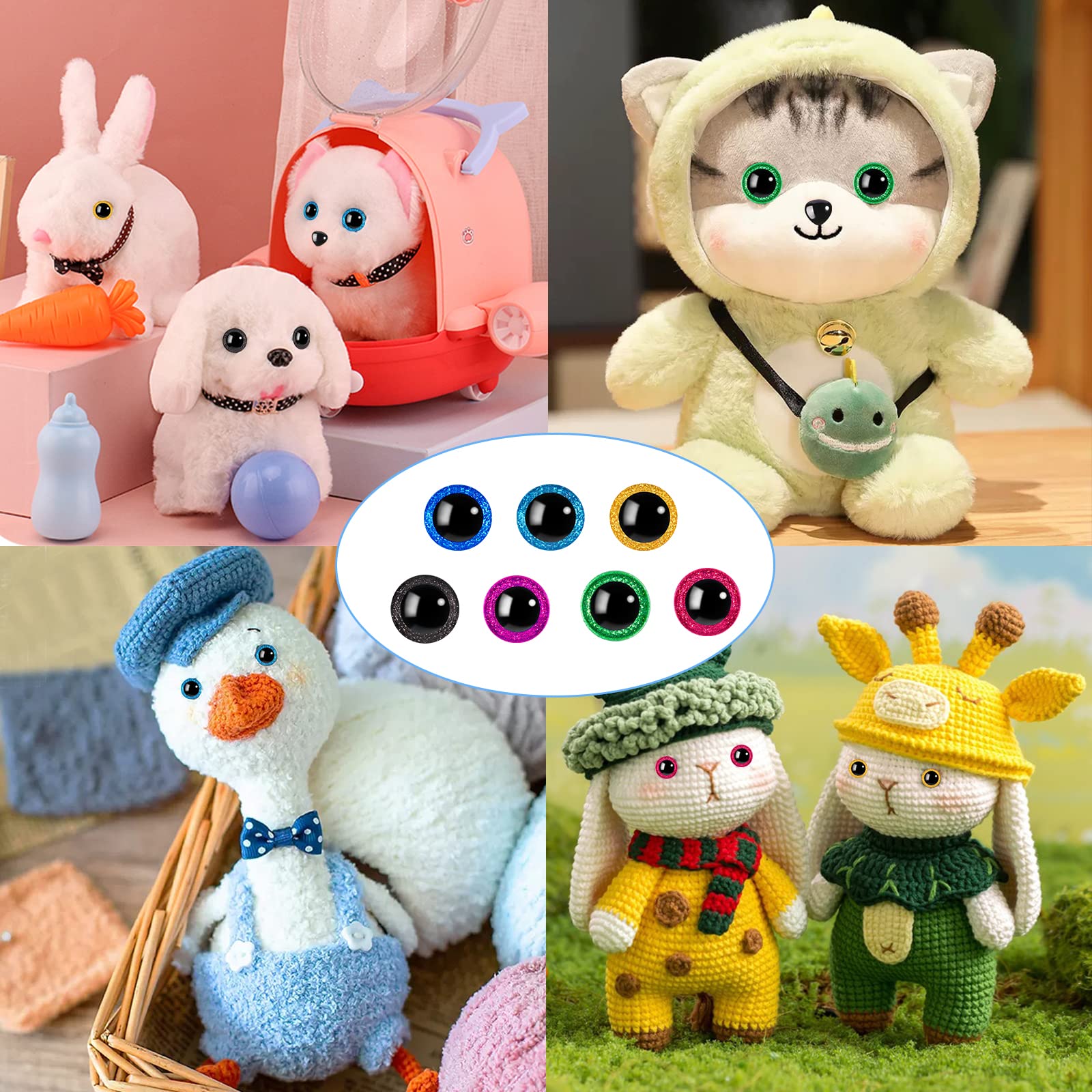 Ferenala 100Pcs 10-30mm Safety Eyes and Noses Large Plastic Craft Crochet Eyes Glitter Doll Eyes with Washers for Plush Animals Stuffed Animals DIY Puppet Bear Toy Doll Making Supplies (Multicolor)