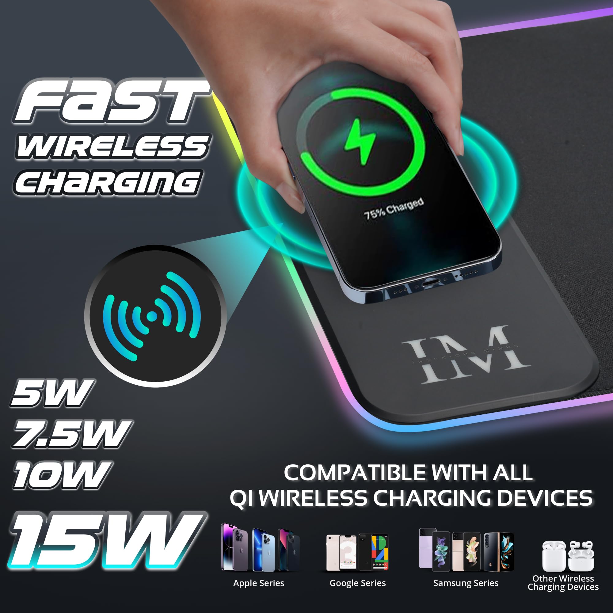 Ingenious Minds RGB Gaming Mouse Pad with Wireless Charging, Large Gaming Mouse Pad with 15W Fast Charging, 10 Colors LED Light, Premium and Non Slip Surface for Gaming, Desks, PC, and Office.