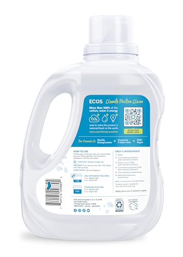 ECOS Laundry Detergent Liquid, 100 Loads - Dermatologist Tested Laundry Soap - Hypoallergenic, EPA Safer Choice Certified, Plant-Powered - Free & Clear, 100 Fl Oz