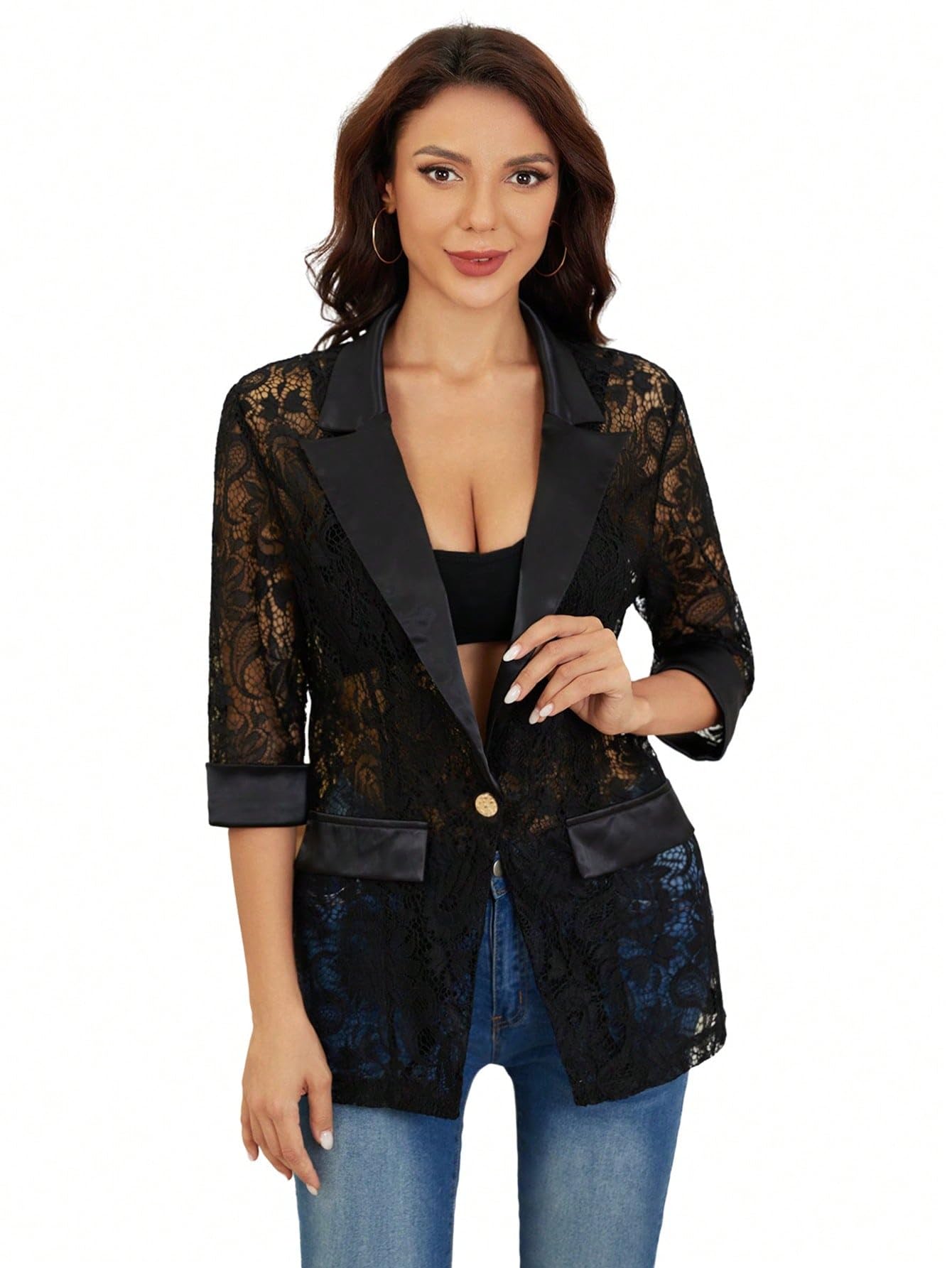 WDIRARA Women's Floral Lace Mesh One Button Lapel Neck Long Sleeve Elegant Jacket Blazer Black Mid Sleeve M