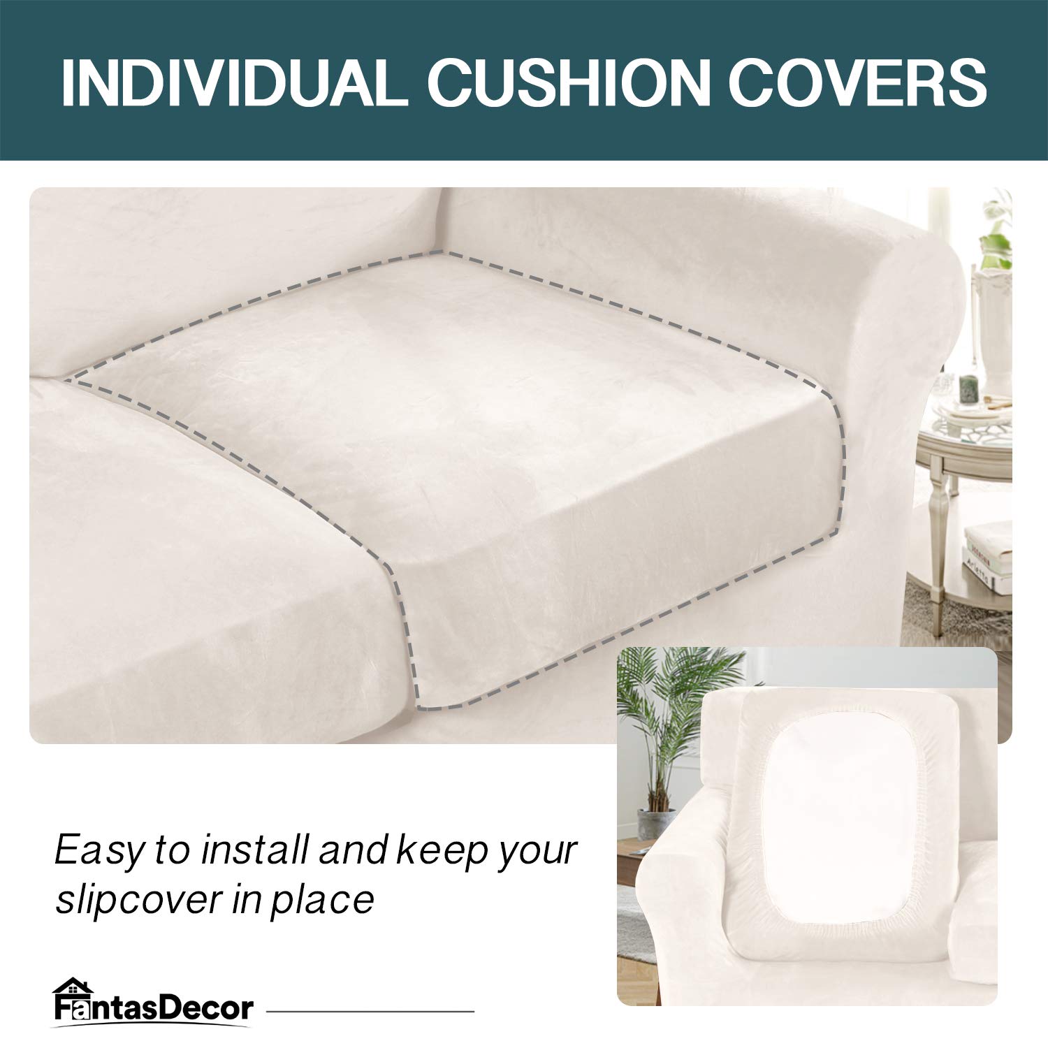 FantasDecor 3 Piece Sofa Covers Velvet for 2 Cushion Couch Stretch Loveseat Slipcover with Individual Seat Elastic Furniture Protector for Pets (Loveseat, Ivory)