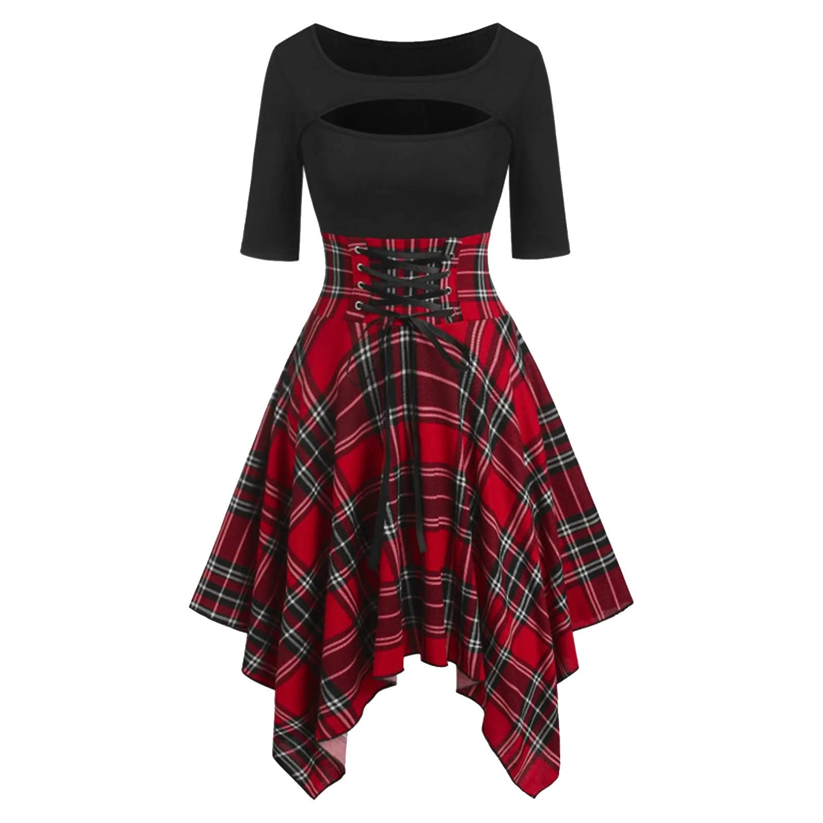Summer Dresses for Women 2025 Casual Fashion Gingham Plaid Skater Dress School Girl Teen Sexy Cut Out Y2K Clothes Cleavage Fit and Flare Flowy Swing Pleated Irregular Hem Midi Dress(E-Red,XX-Large)