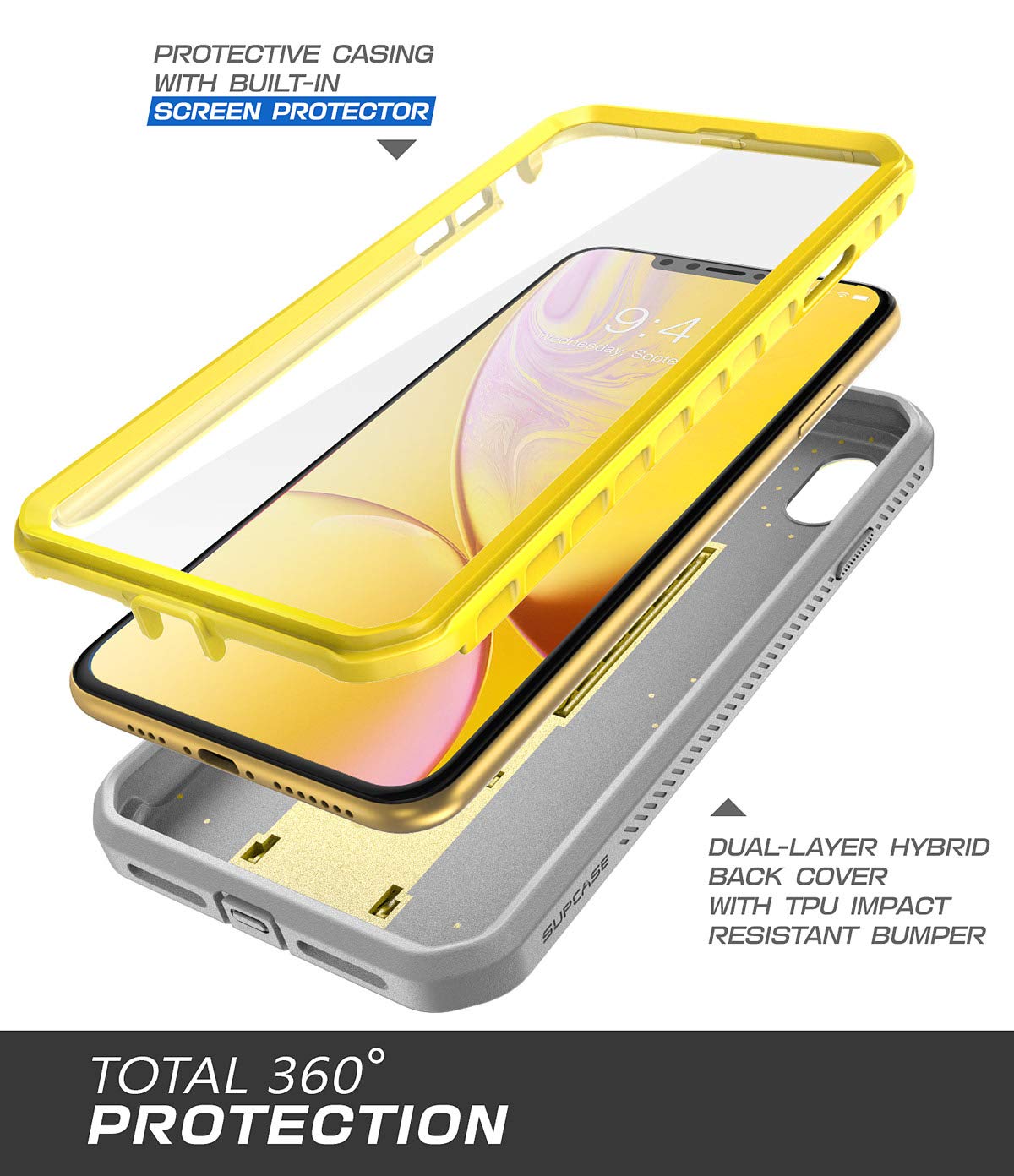 SUPCASE iPhone XR Case, Full-Body Rugged Holster Kickstand Case with Built-in Screen Protector for Apple iPhone XR 6.1 Inch (2018 Release), Unicorn Beetle Pro Series -Retail Package (Yellow)