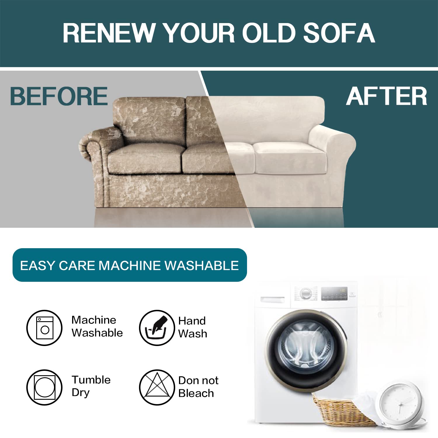 FantasDecor 3 Piece Sofa Covers Velvet for 2 Cushion Couch Stretch Loveseat Slipcover with Individual Seat Elastic Furniture Protector for Pets (Loveseat, Ivory)