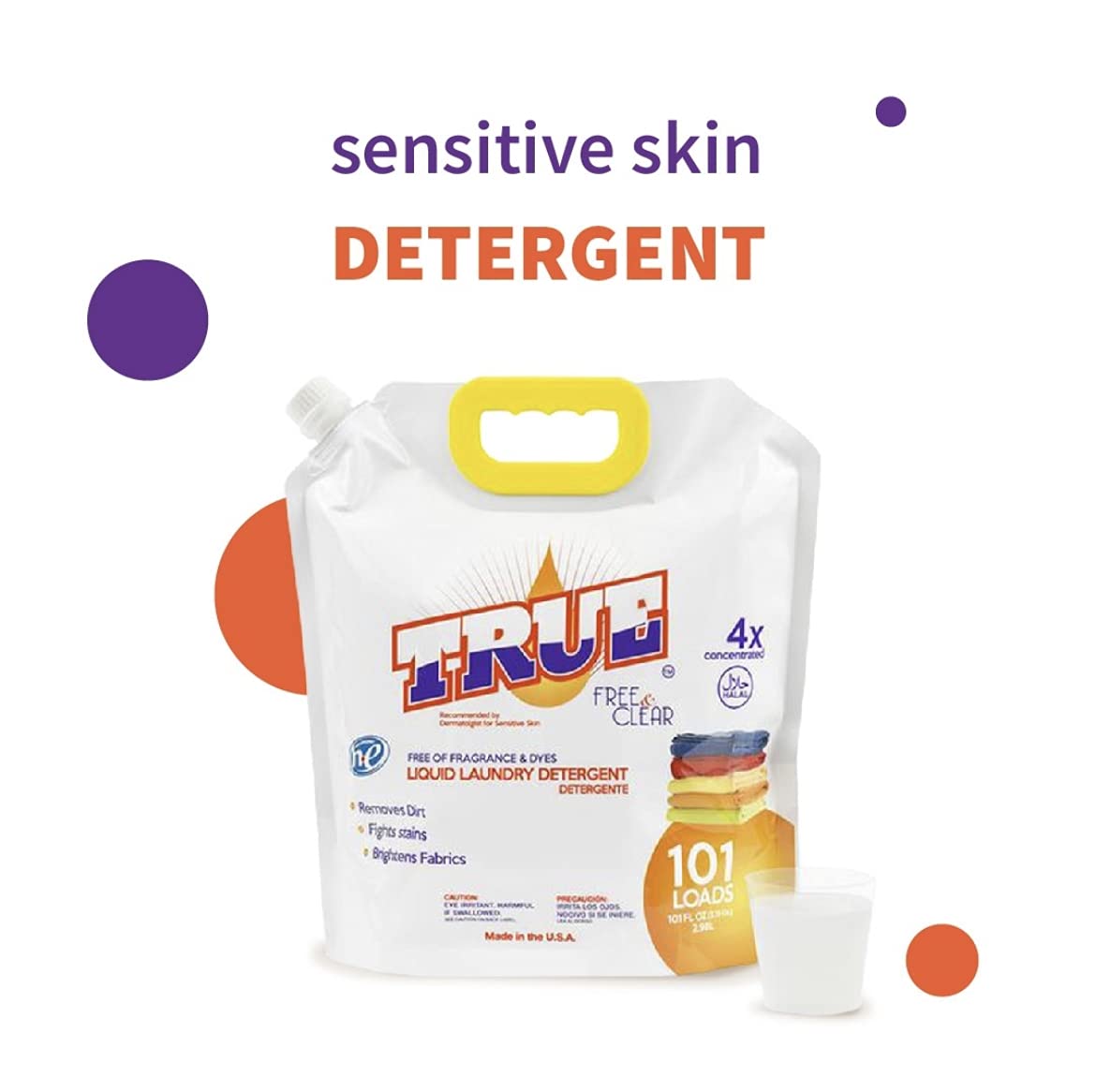 True Detergent Free & Clear Laundry Detergent - 101 Total Loads - For Sensitive Skin - 4x Concentrated Formula - Made In USA & Halal - Unscented, 101 Fl oz