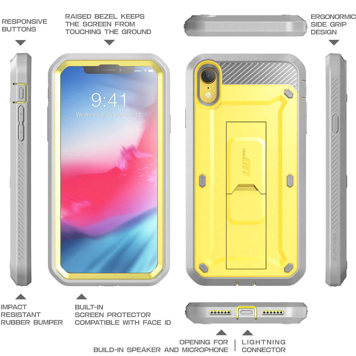 SUPCASE iPhone XR Case, Full-Body Rugged Holster Kickstand Case with Built-in Screen Protector for Apple iPhone XR 6.1 Inch (2018 Release), Unicorn Beetle Pro Series -Retail Package (Yellow)