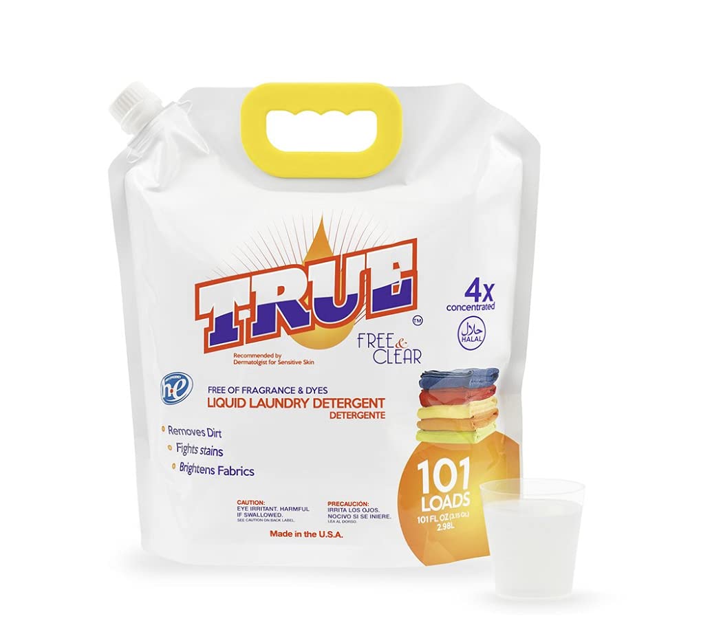 True Detergent Free & Clear Laundry Detergent - 101 Total Loads - For Sensitive Skin - 4x Concentrated Formula - Made In USA & Halal - Unscented, 101 Fl oz