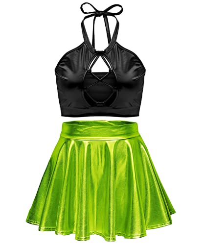 SFBBCLOZ Metallic Top Metallic Skirt Set 2 Piece Outfits for Women Holographic Outfit Women Club Outfits for Women Rave Outfits for Women Latex Skirt Clubwear Beachwear (Green, L)