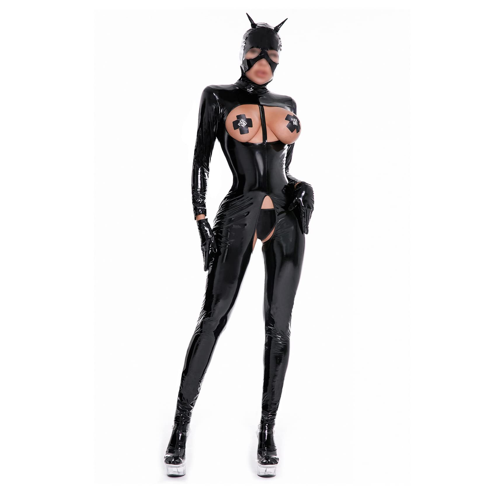 Hedmy Women's Metallic Catsuit Bodysuit Sexy Crime Fighter Costume Wet Look Latex Jumpsuit Outfit Black Medium
