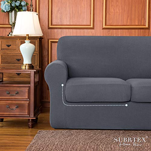 SUBRTEX 3 Piece Sofa Cover High Stretch Couch Slipcover for 2 Cushion Soft Sofa Slipcover Loveseat Cover Jacquard Fabric Furniture Covers with Elastic Bottom Machine Washable(Gray,Loveseat)