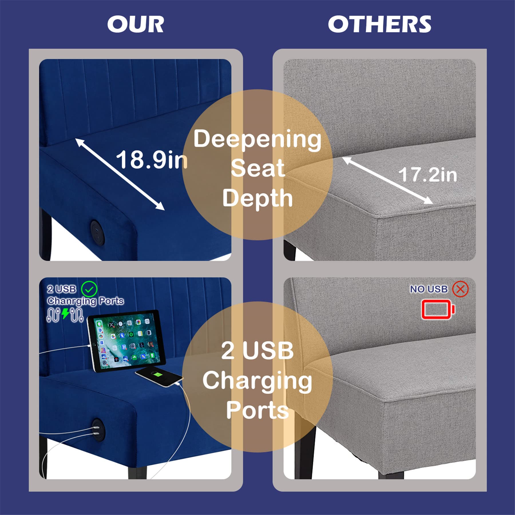 STHOUYN Mini Small Comfy Couch Armless Loveseat Sofa for Bedroom with USB Port, Velvet Small Couches for Small Spaces Living Room, Apartment Office Dorm (Navy Blue)
