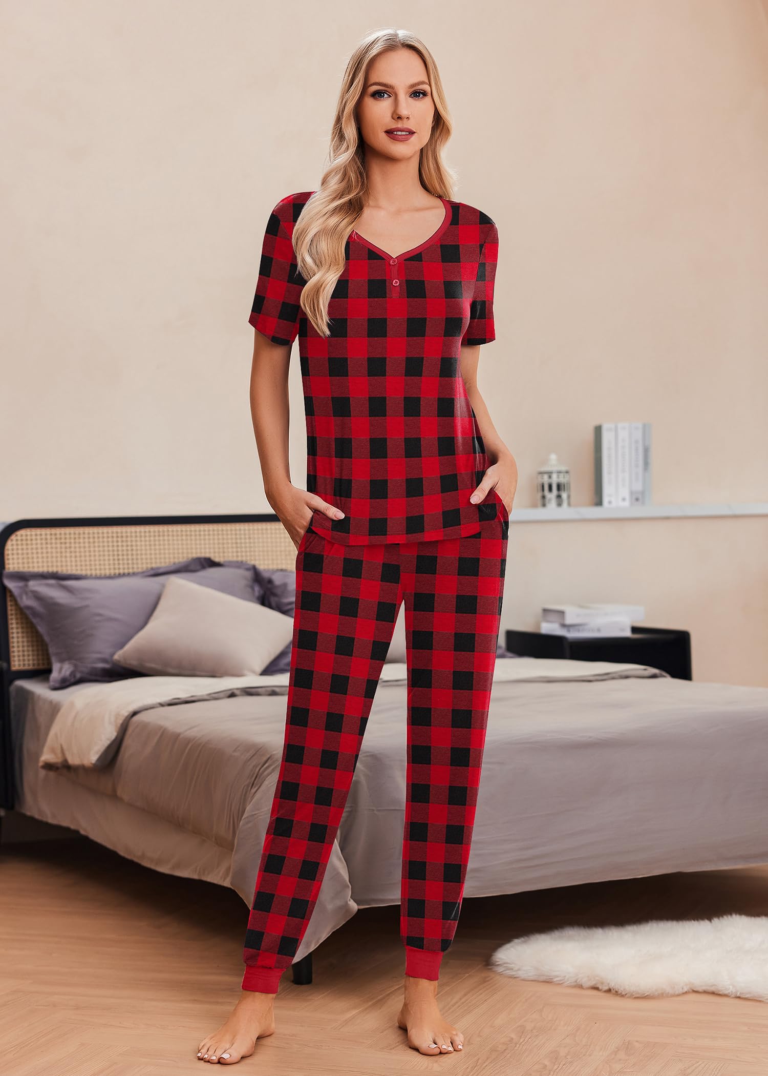 Ekouaer Pajamas Set Womens 2 Piece Lounge Set Short Sleeve Pjs Joggers Pants Sleepwear with Pockets Red Plaid