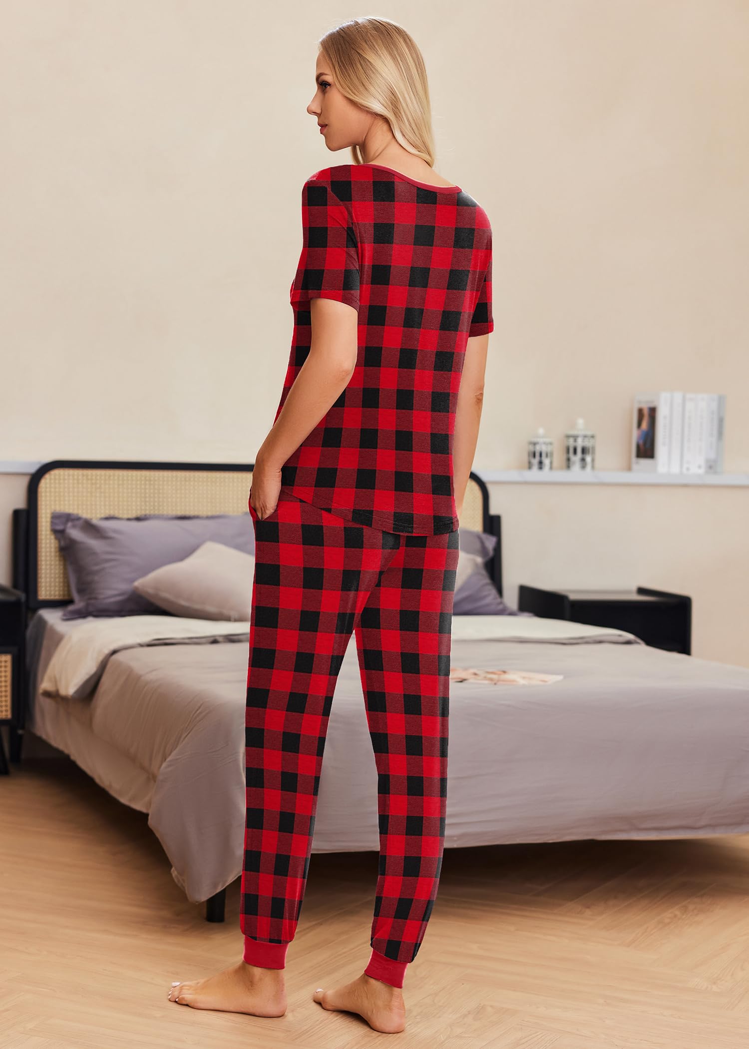 Ekouaer Pajamas Set Womens 2 Piece Lounge Set Short Sleeve Pjs Joggers Pants Sleepwear with Pockets Red Plaid