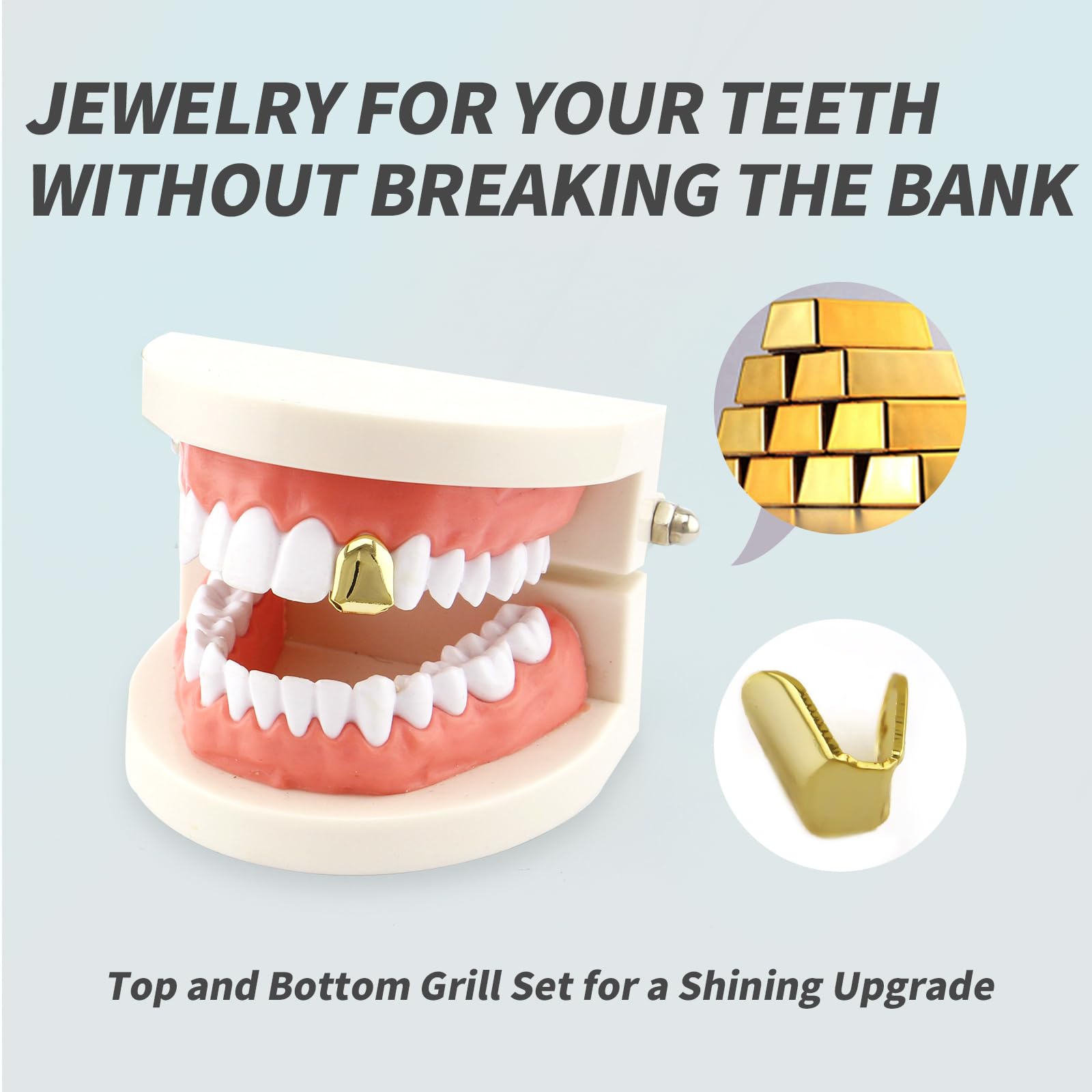YAFIYGI 4 Pieces Gold Plated Gold Tooth Cap- Hip Hop Teeth Accessories - Plain Single Tooth Cap for Teeth Mouth - Realistic Fake Teeth Grills for Party - Open Face Front Tooth Caps