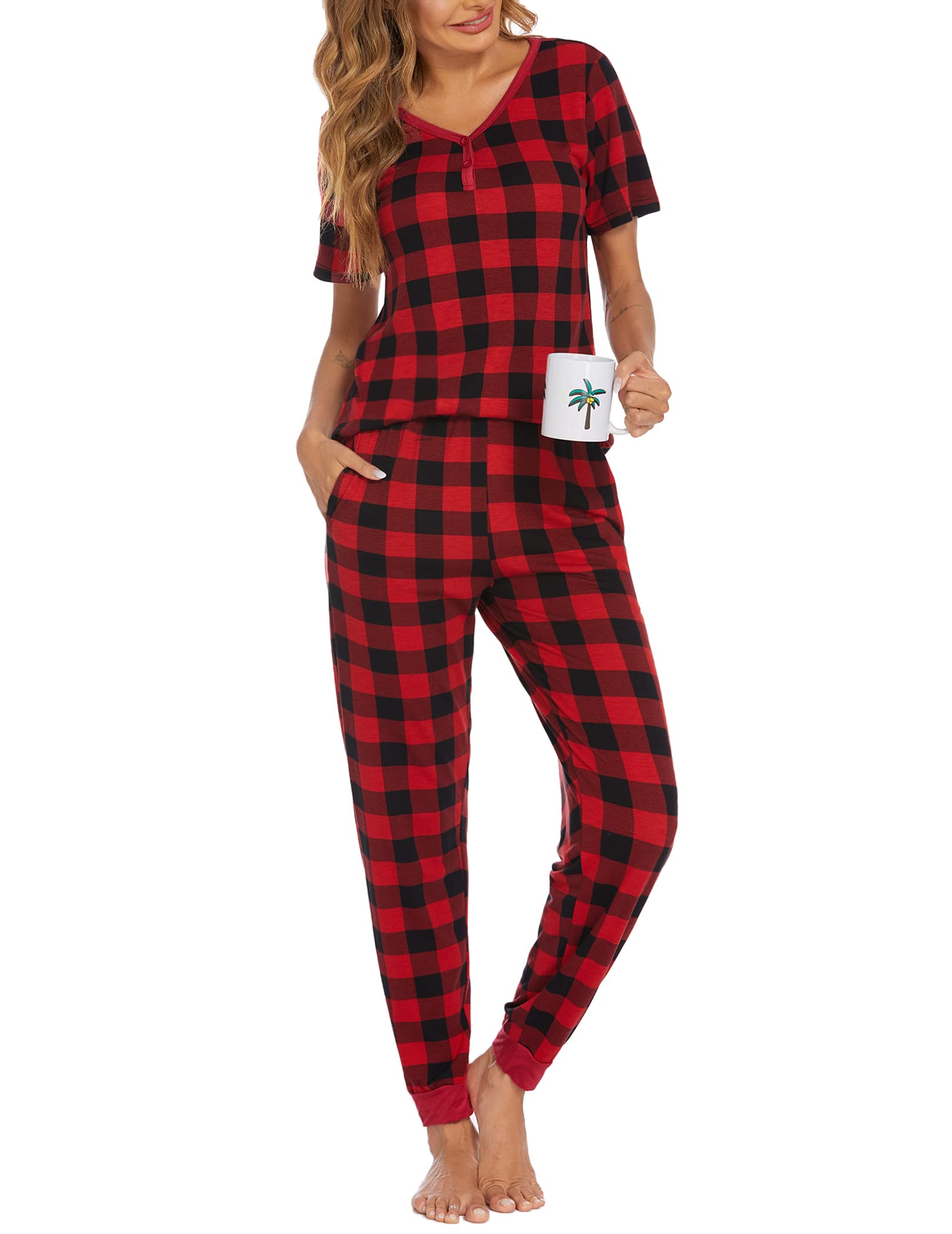 Ekouaer Pajamas Set Womens 2 Piece Lounge Set Short Sleeve Pjs Joggers Pants Sleepwear with Pockets Red Plaid