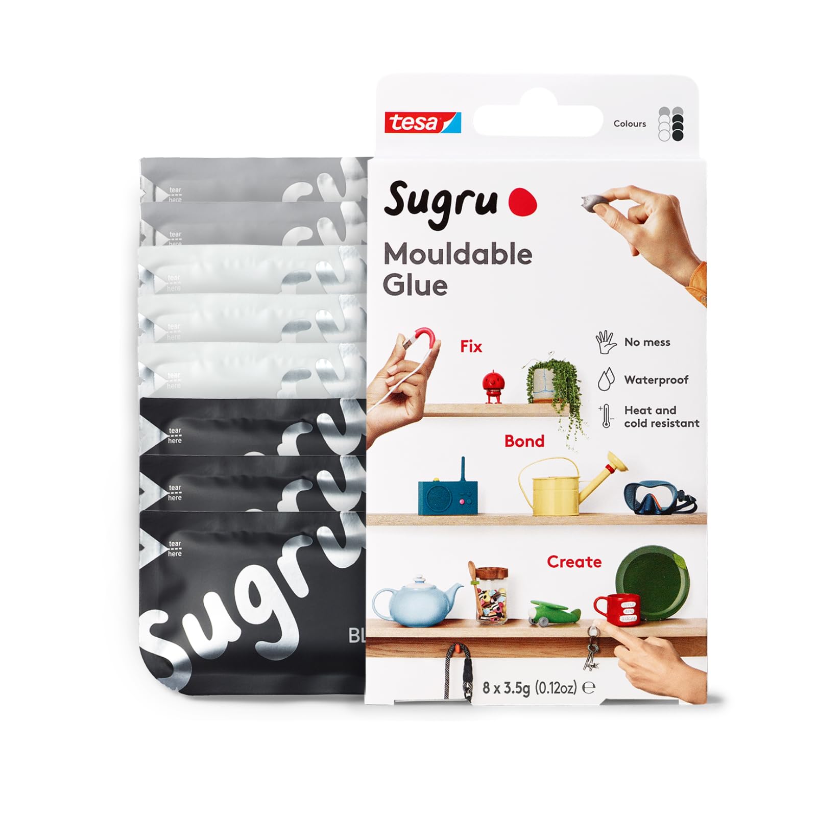 Sugru by Tesa - Moldable Multi-Purpose, Silicone Adhesive Glue - for Creative Fixing, Repairing, Pasting & Personalizing - Outdoor & Indoor Home DIY Projects - 8 Pack - Black, White & Gray (3.5g/ea)