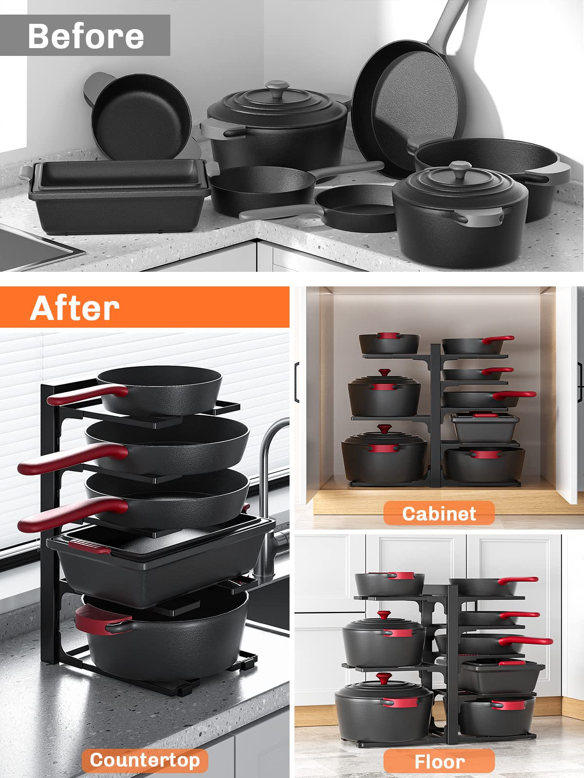 MUDEELA Pots and Pans Organizer for Cabinet 8-Tier Adjustable Heavy Duty Pan Organizer Rack for Cabinet, Pot Organizer Rack for Kitchen Cabinet Organization & Storage