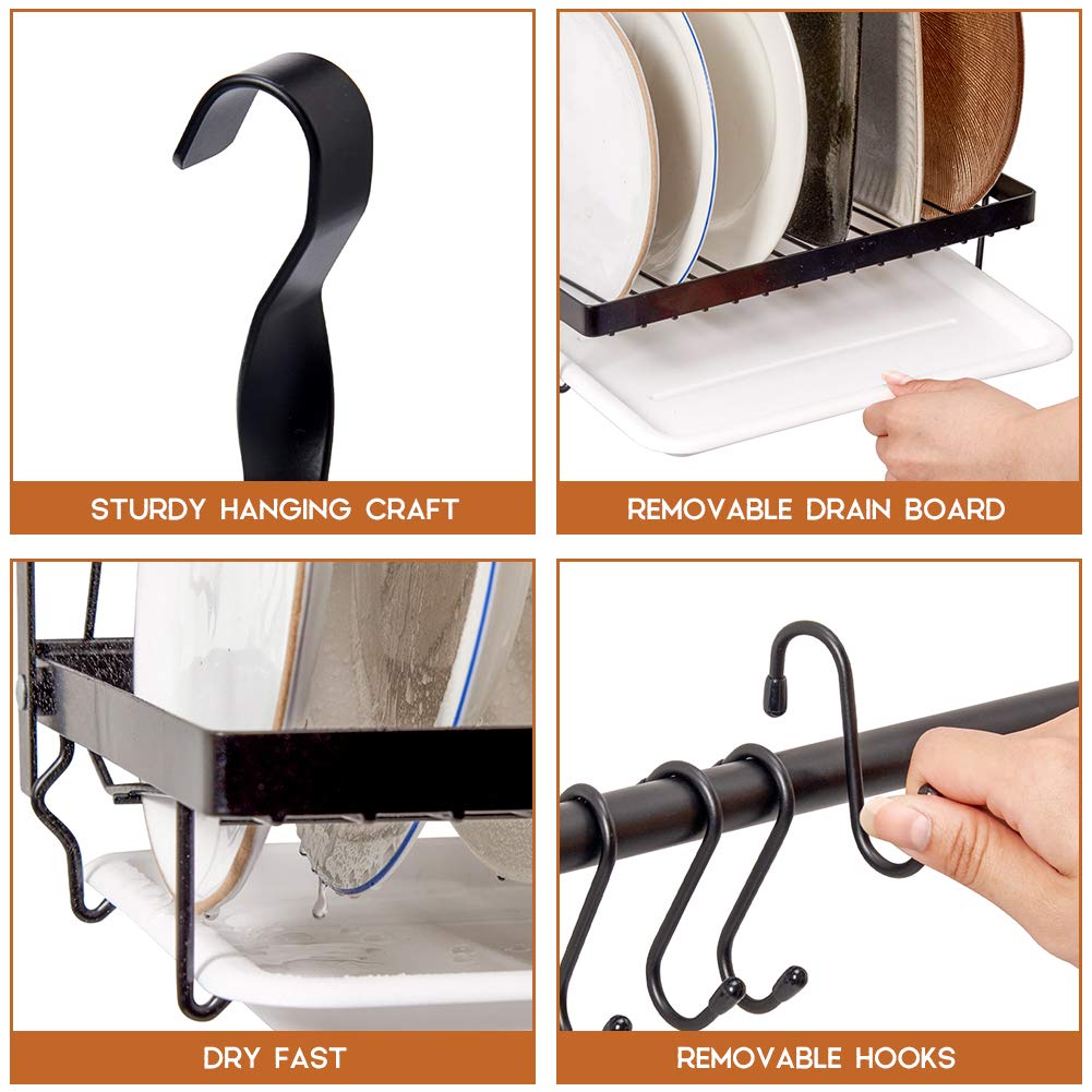 EZOWare Kitchen Wall Mount Utensil Holder Organizer Set, 23.6 ich Hanging Rail Rod, Foldable Dish Rack with Drain Board and 5 S Hooks for Hanging Plates, Pots, Pans, Lids, Utensils - Black