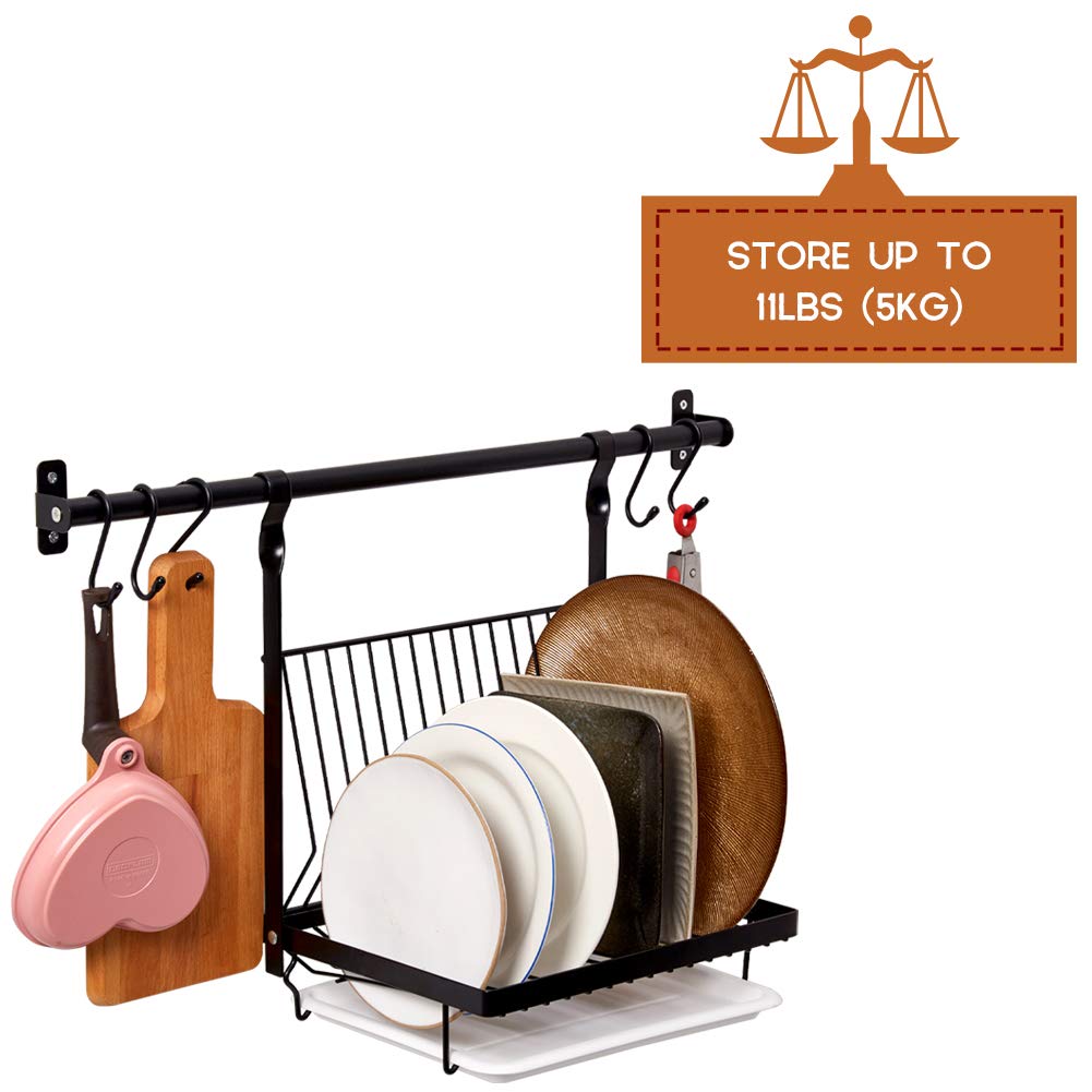 EZOWare Kitchen Wall Mount Utensil Holder Organizer Set, 23.6 ich Hanging Rail Rod, Foldable Dish Rack with Drain Board and 5 S Hooks for Hanging Plates, Pots, Pans, Lids, Utensils - Black