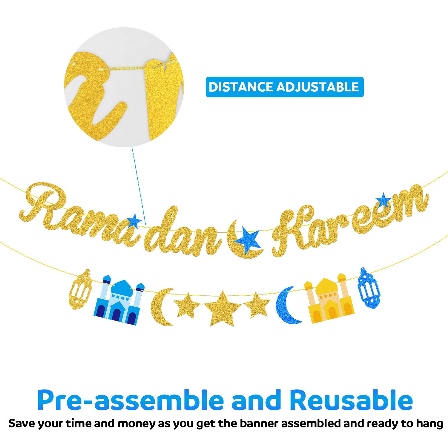 Ramadan Kareem Banner Gold Glitter | Happy Ramadan Banner Decorations | Ramadan Mubarak Party Decorations | Eid Mubarak Party Decorations