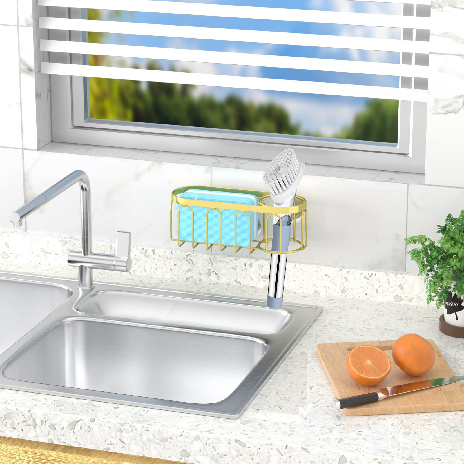 Yazoni 2-in-1 Sponge Holder for Kitchen Sink, Suction Cup Sponge Rack Kitchen Sink Caddy, No Drill Rustproof Kitchen Sink Organizer for Place Dishwashing Brush Soap and Sponge (Gold)