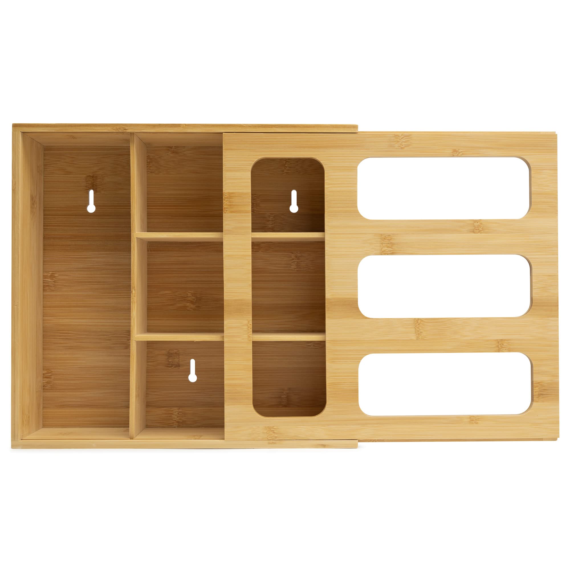 Umiboo Bamboo ziplock bag organizer for drawer | zip lock bag organizer | Ziploc bag organizer | storage bag organizer | sandwich baggie organizer for your kitchen drawer | plastic bag organizer