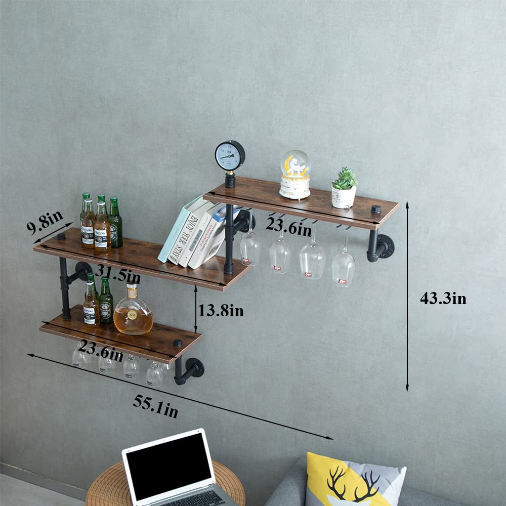 MAIKAILUN Wine Rack Wall Mounted Corner 3 Tier, Hanging Floating Small Mini Bar Liquor Shelves with Glass Holder Storage Under, Industrial Rustic Pipe Farmhouse Kitchen Decor Black