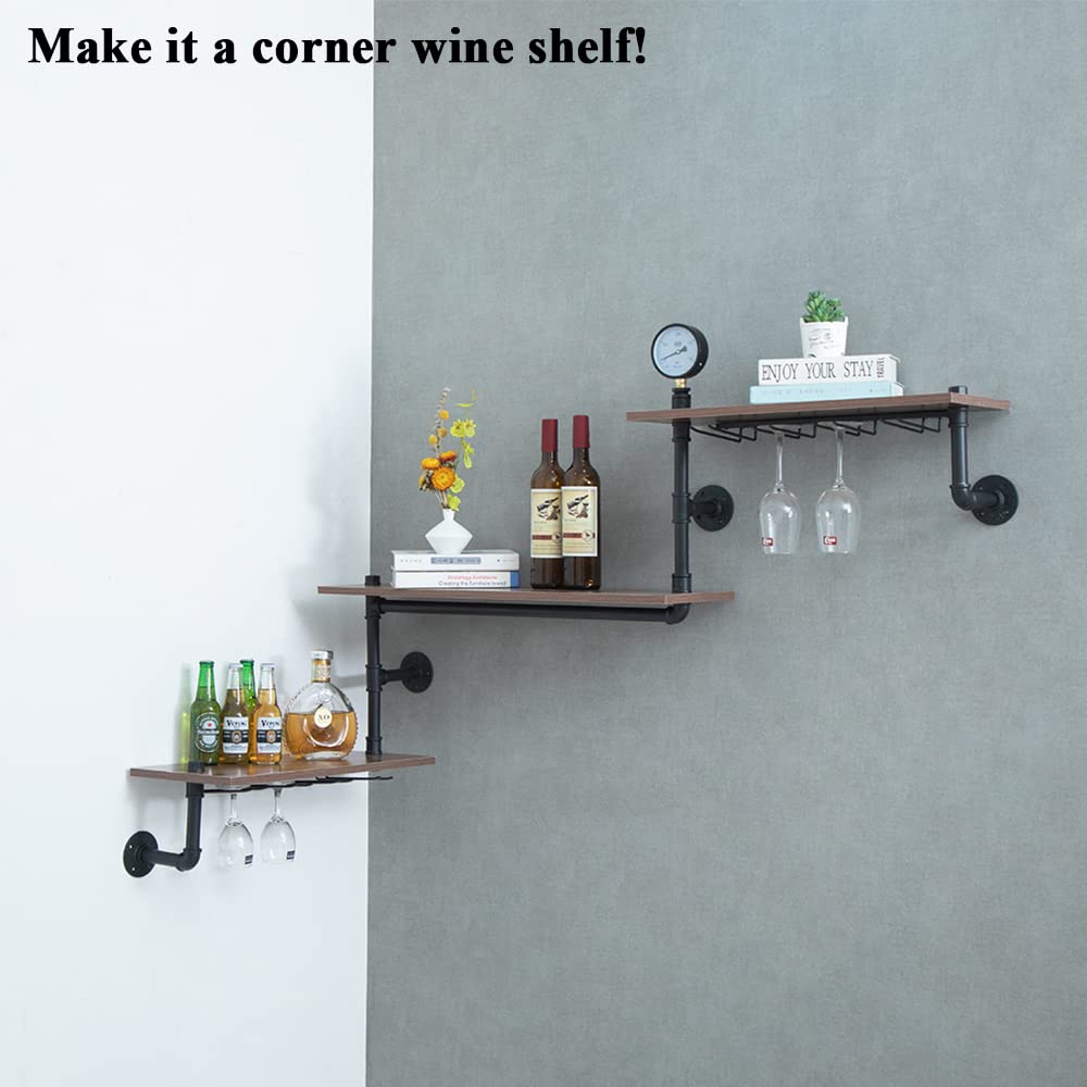 MAIKAILUN Wine Rack Wall Mounted Corner 3 Tier, Hanging Floating Small Mini Bar Liquor Shelves with Glass Holder Storage Under, Industrial Rustic Pipe Farmhouse Kitchen Decor Black