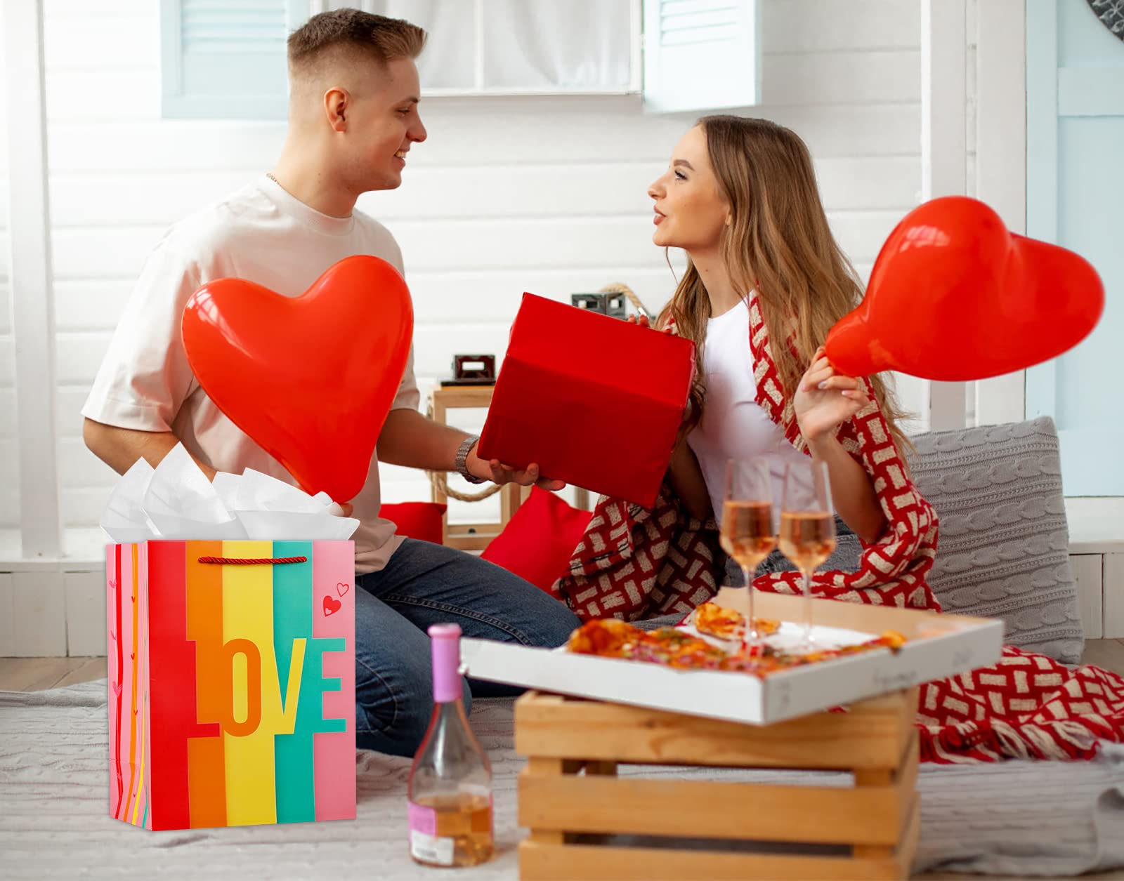 D4DREAM Love Gift Bag for Valentine's Day Medium Gift Bag with Tissue Paper 11" Valentine's Day Paper Gift Bags with Handle Gift Bag with Love Design for Valentines Day Anniversary, Valentines Day, Grooms Gift