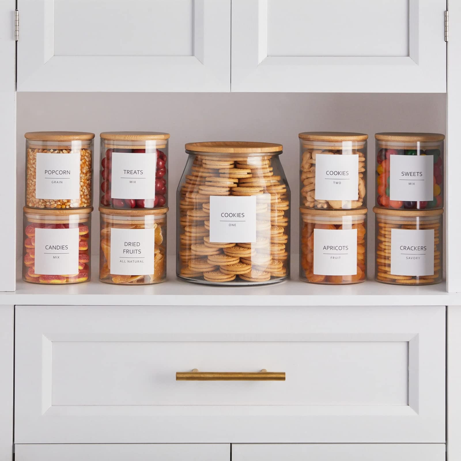 Talented Kitchen 144 Fine Line Pantry Organization Labels for Food Storage Containers, Preprinted Black All Caps on Matte White Vinyl Stickers + Numbers for Minimalist Kitchen (Water Resistant)