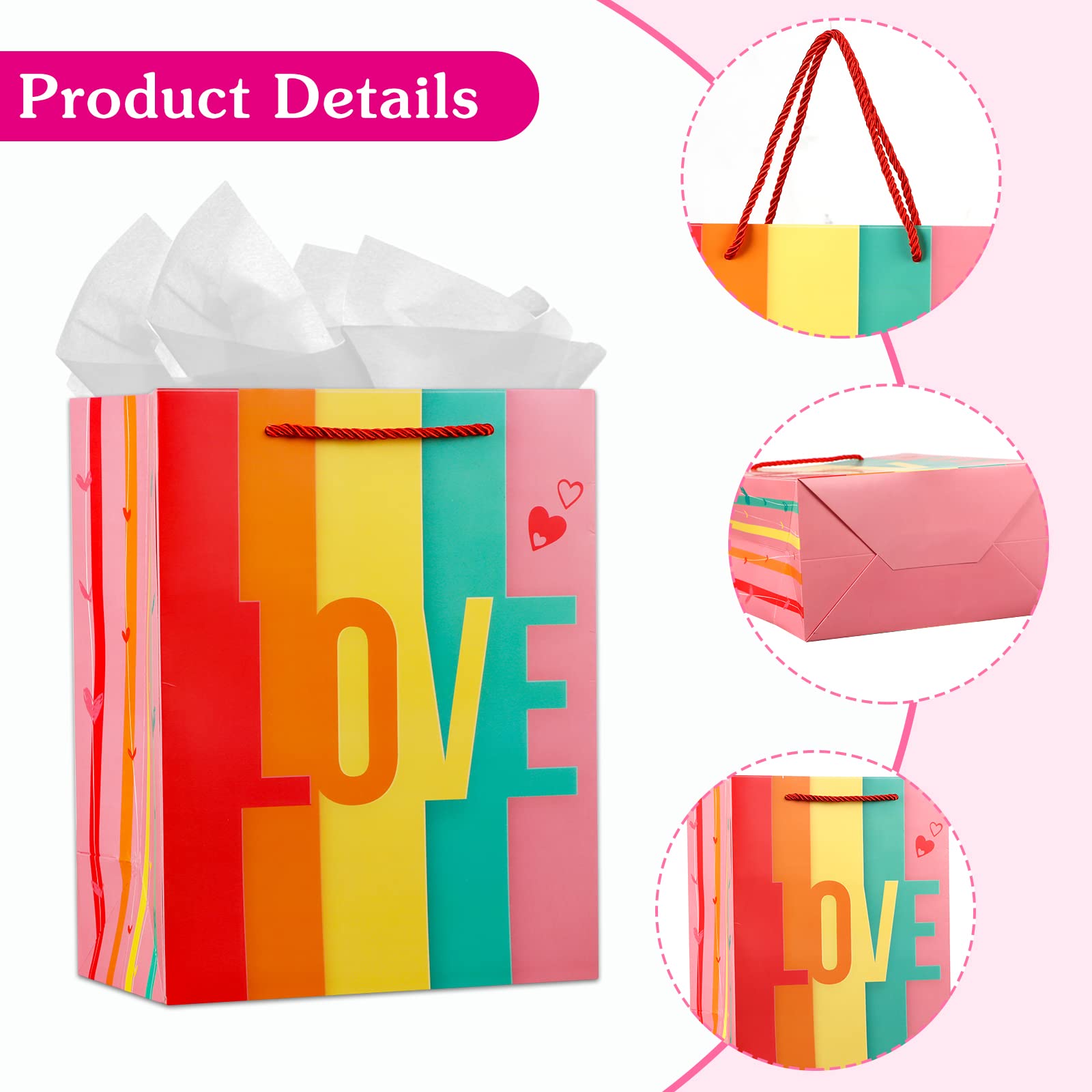 D4DREAM Love Gift Bag for Valentine's Day Medium Gift Bag with Tissue Paper 11" Valentine's Day Paper Gift Bags with Handle Gift Bag with Love Design for Valentines Day Anniversary, Valentines Day, Grooms Gift