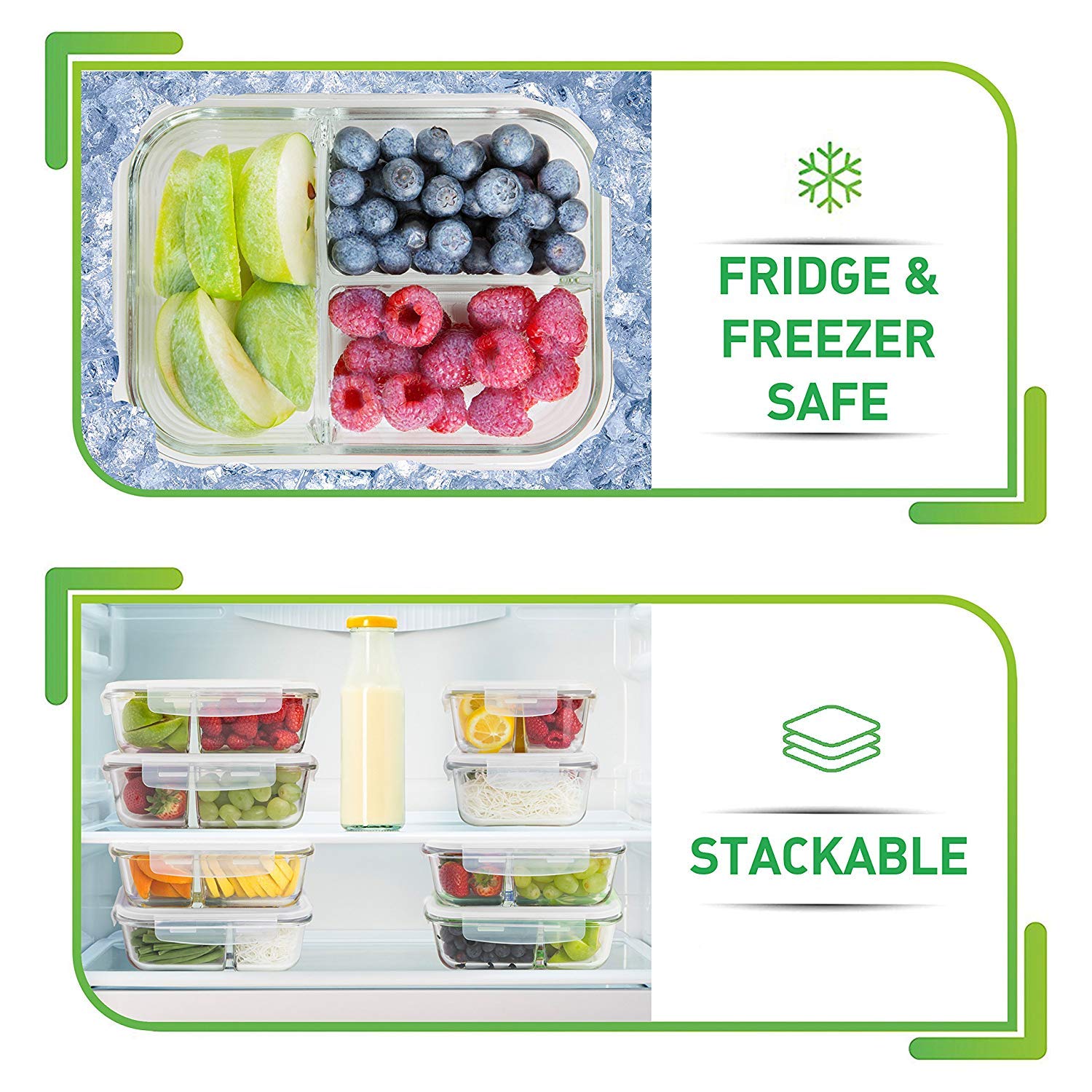 PrepNaturals Glass Meal Prep Containers 3 Compartment - Bento Box Containers Glass Food Storage Containers with Lids - Food Containers Food Prep Containers Glass Storage Containers with Lids 3 Pack