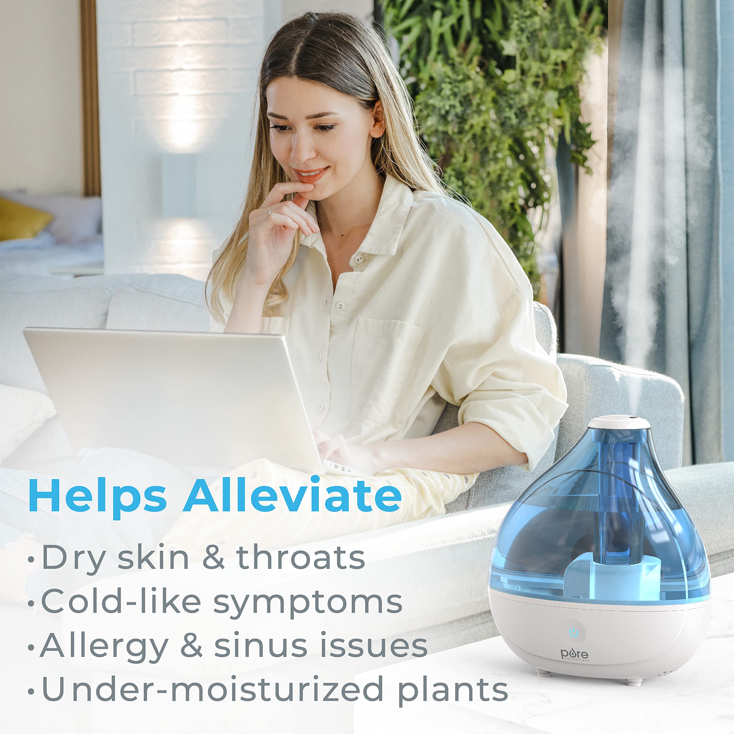 Pure Enrichment® MistAire™ Ultrasonic Cool Mist Humidifier - Quiet Air Humidifier for Bedroom, Nursery, Office, & Indoor Plants - Lasts Up To 25 Hours, 360° Rotation Nozzle, Auto Shut-Off, Night Light