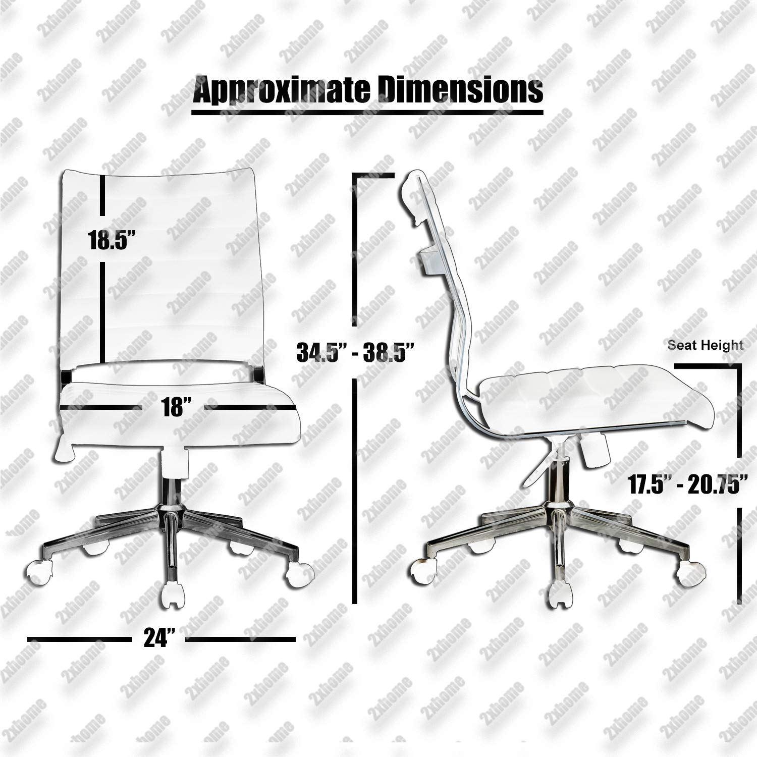 2xhome Black Modern Ergonomic Executive Mid Back PU Leather No Arms Rest Tilt Adjustable Height Wheels Cushion Lumbar Support Swivel Office Chair Conference Room Home Task Desk Armless
